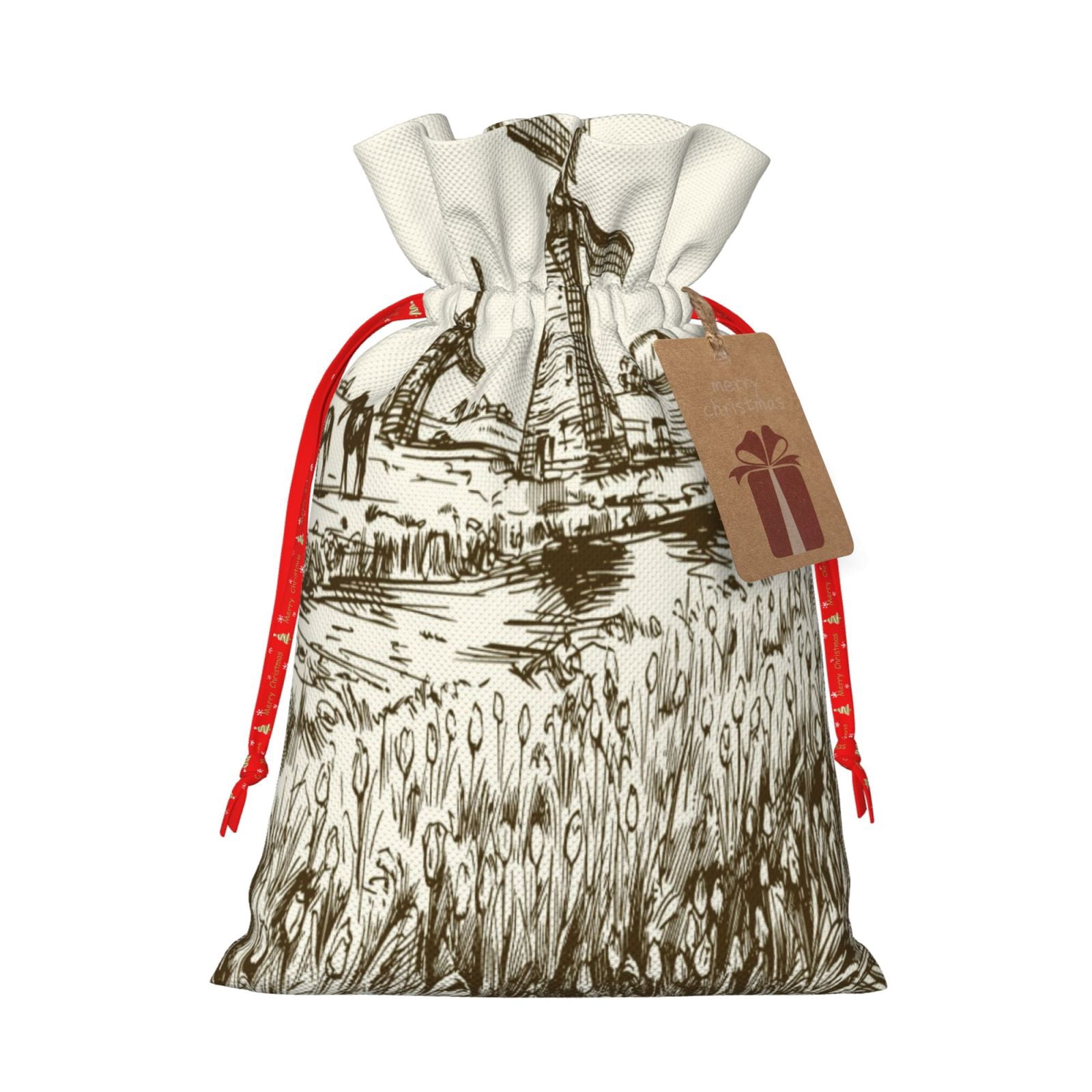 Pofeuu Dutch Windmill Print Burlap Bags with Drawstrings Drawstring ...
