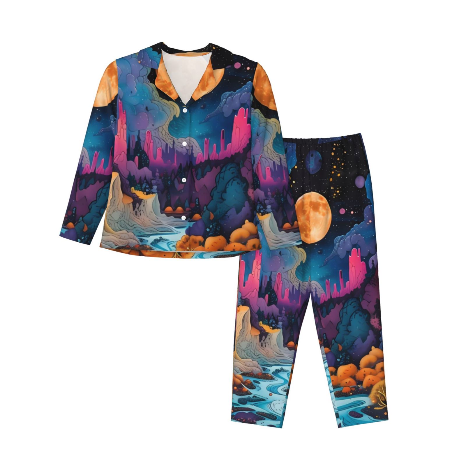 Pofeuu Fantasy Cosmic Landscape Print Womens Pajamas Set Long Sleeve ...