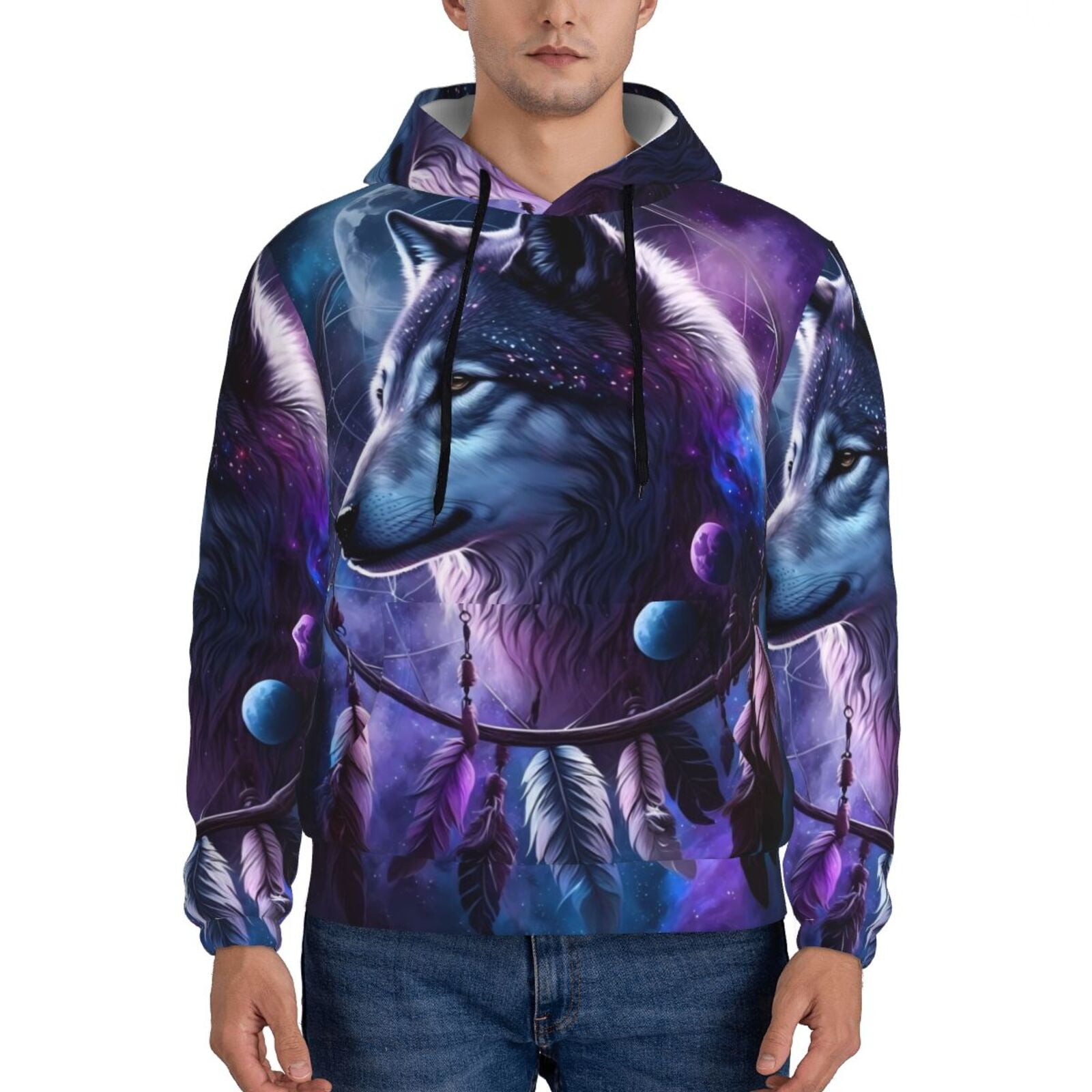 Pofeuu Feathered Wolf Print Mens Casual Hooded Collar Drawstring ...