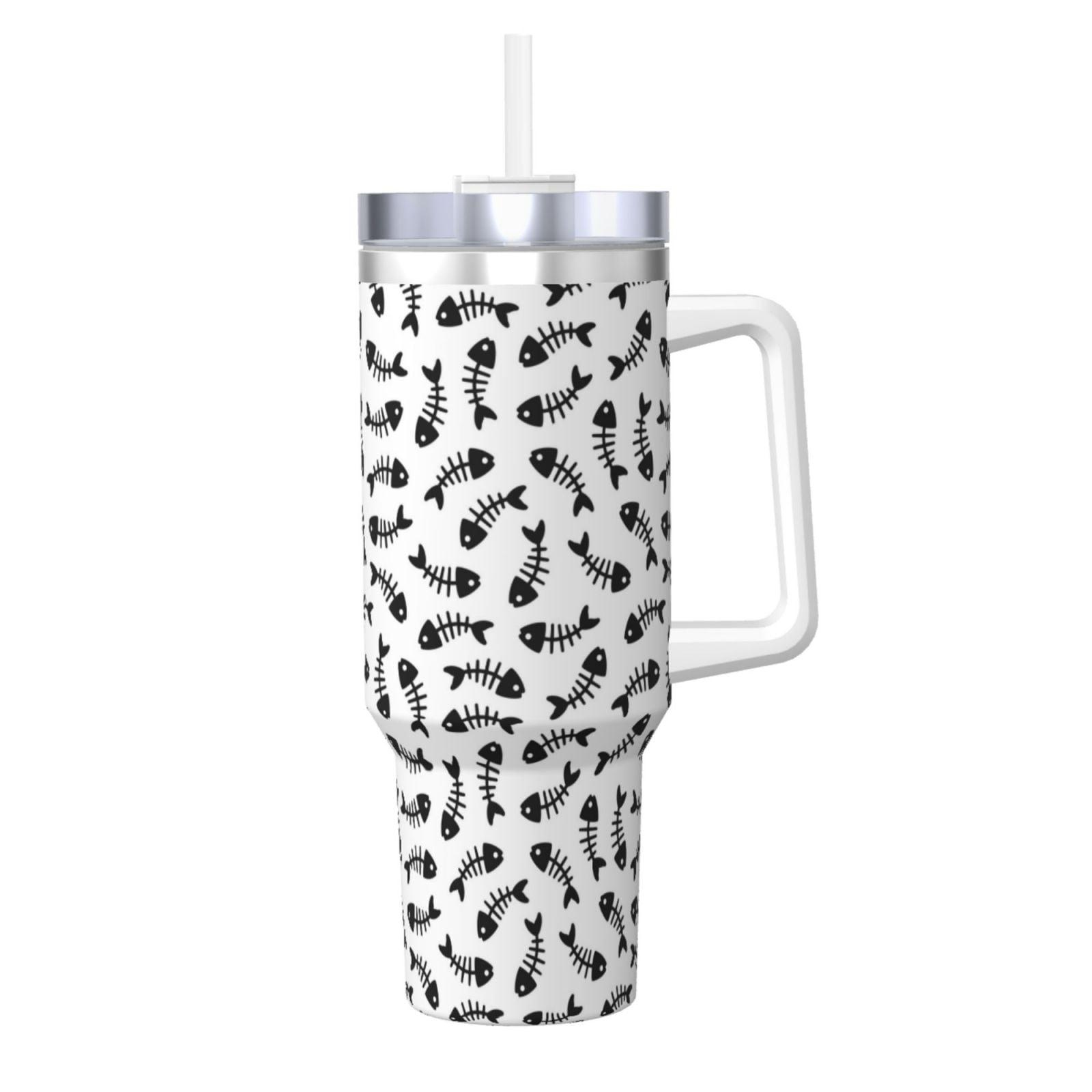 Pofeuu Fish Bone Print 40oz Ice Bully With Handle And Straw Stainless ...
