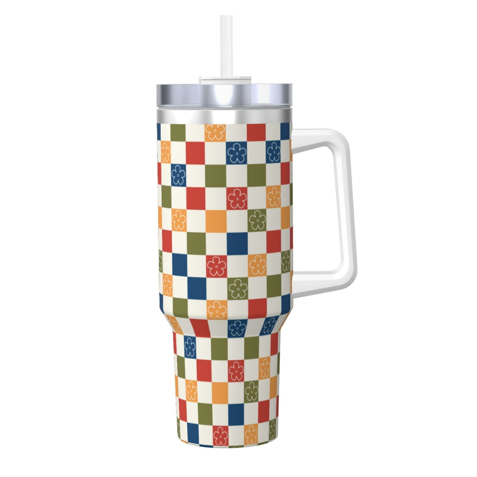 Pofeuu Floral Checkerboard Print 40oz Ice Bully With Handle And Straw ...