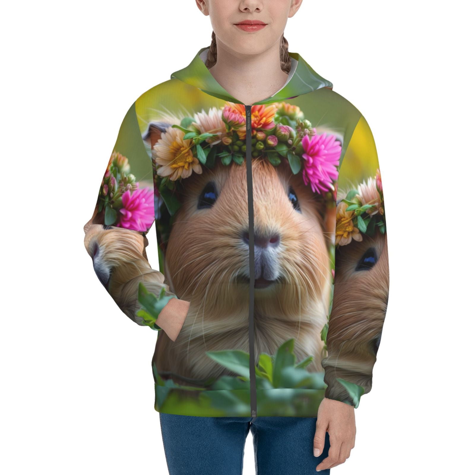 Pofeuu Flower Crown Guinea Pig Print Teenage Zipper Hoodie Sweatshirts ...