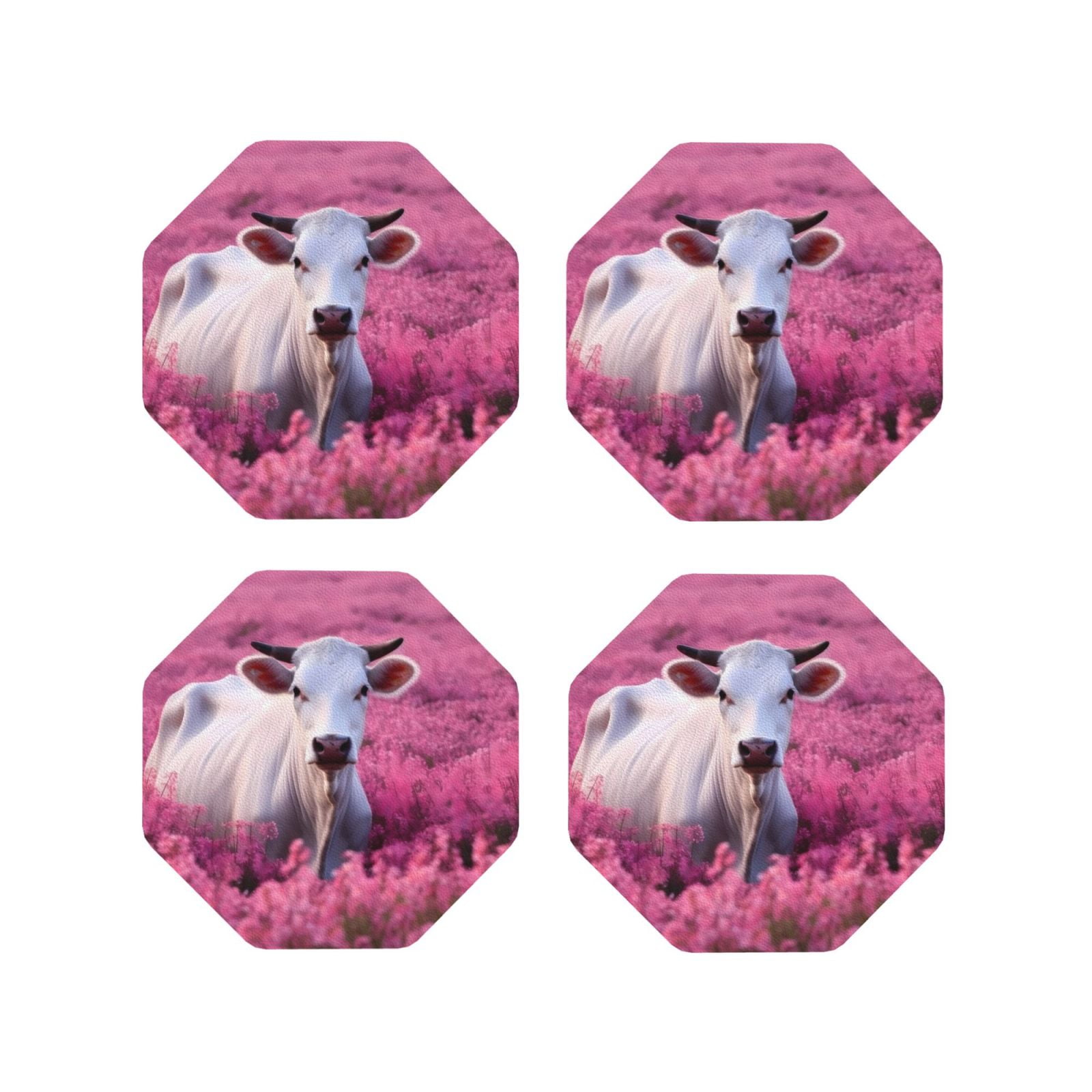 Pofeuu Flower Field Cow Print Coasters for Drinks, 4Pack PU Leather ...