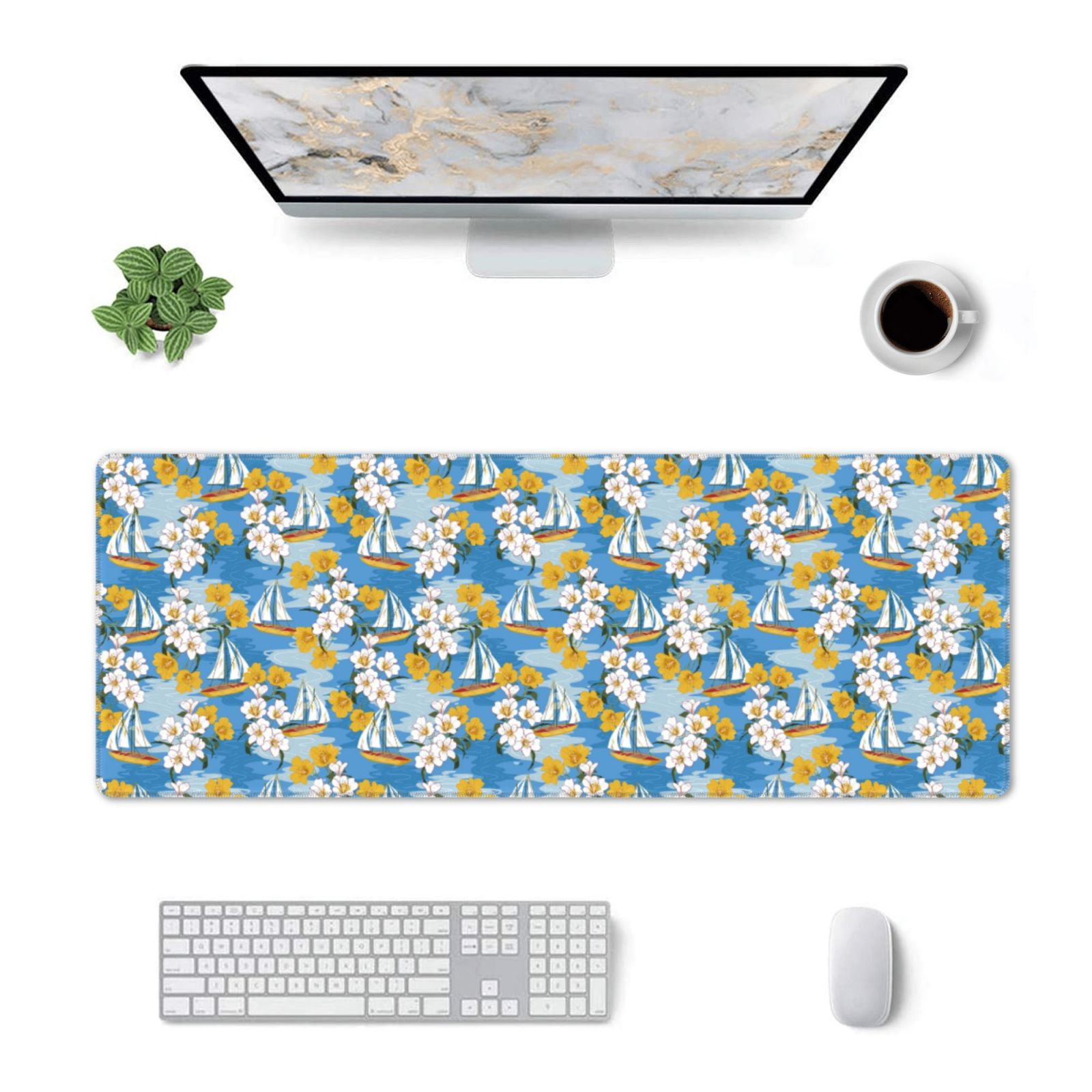 Pofeuu Flower and Sail Boat Print Desk Mat for Keyboard and Mouse ...