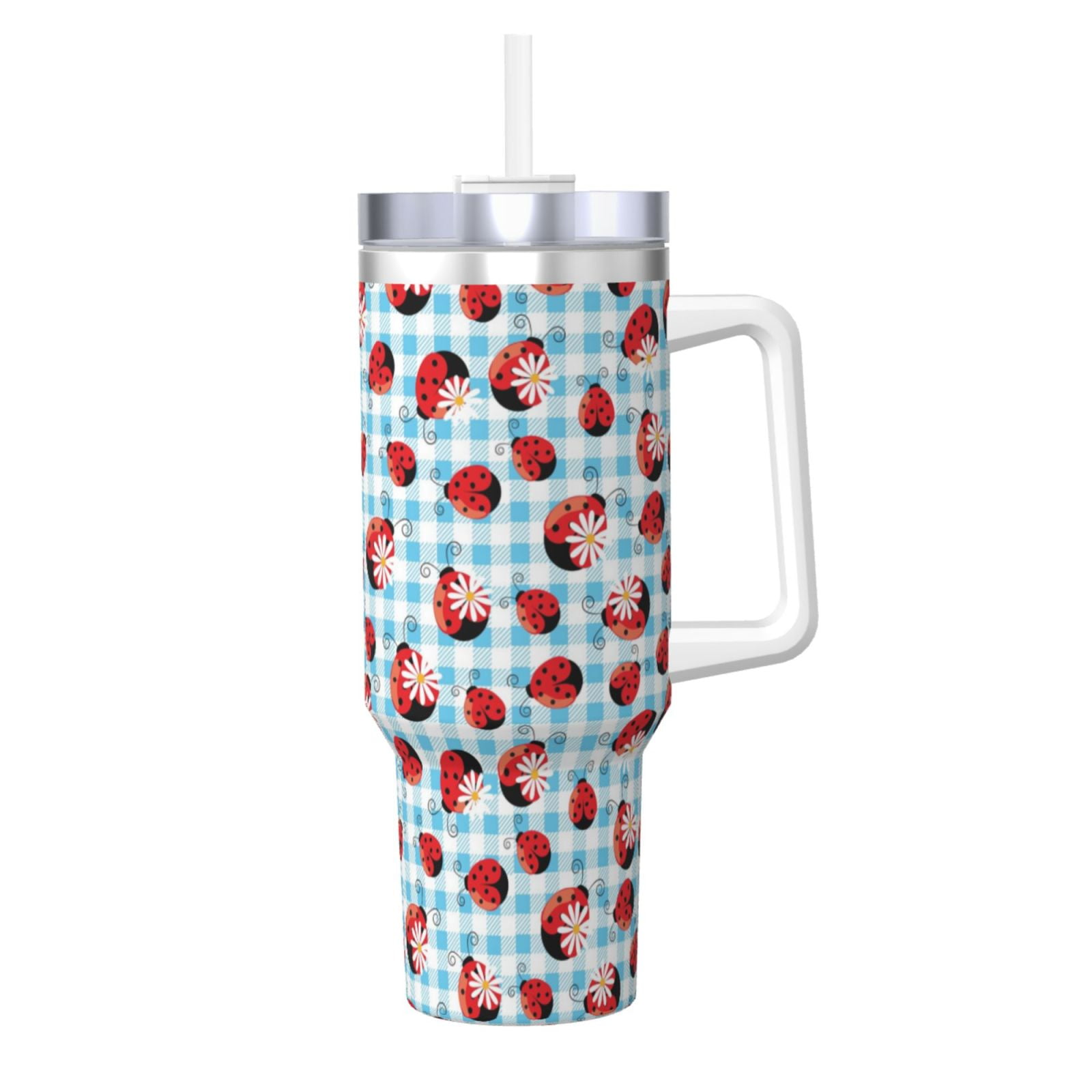 Pofeuu Flowers and Lady Bugs Print 40oz Ice Bully With Handle And Straw ...
