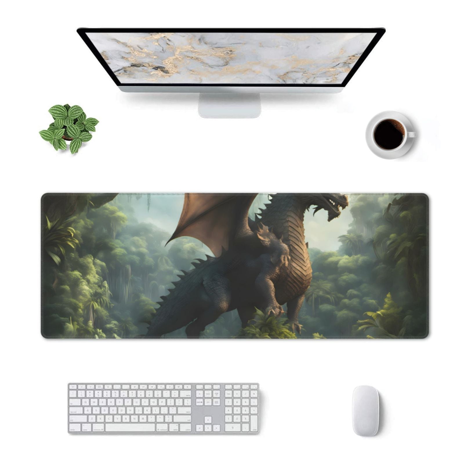 Pofeuu Forest Stone-Colored Dragon Print Desk Mat for Keyboard and Mouse，Computer Desk Matt for ...