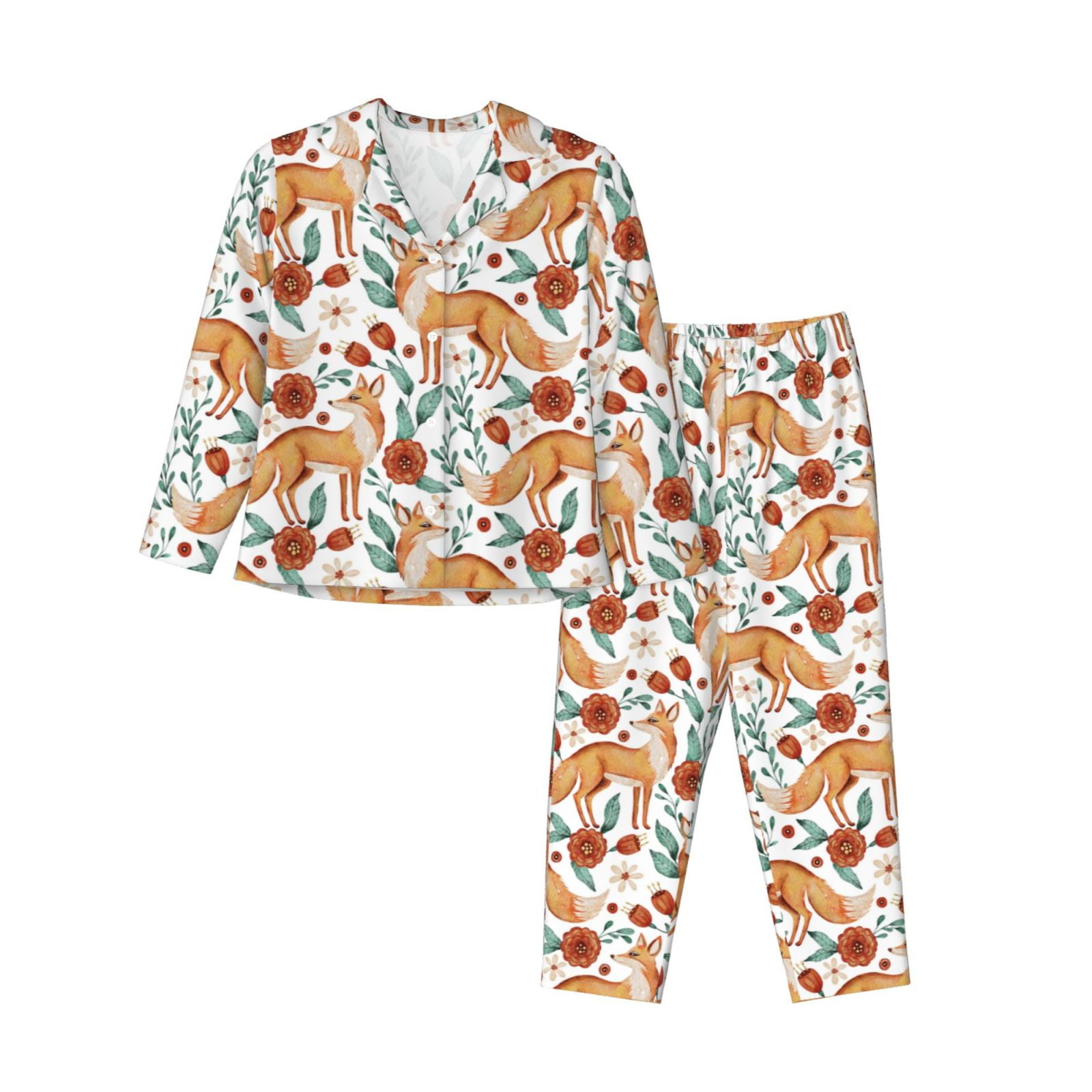 Pofeuu Foxes and Floral Harmony Print Womens Pajamas Set Long Sleeve Sleepwear Button Down ...