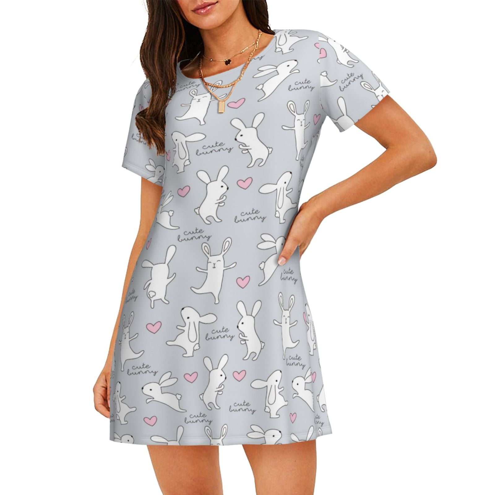 Pofeuu Fun Rabbit Print Women's Loose Fit Short Sleeve Nightgown ...