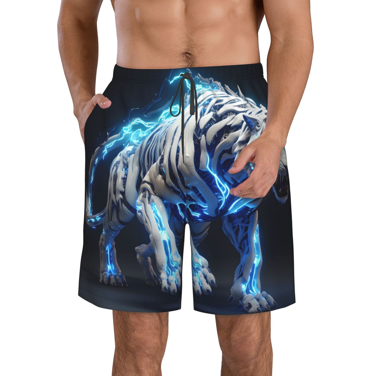 Pofeuu Futuristic Blue Light White Tiger Prin Men's Swim Trunks Quick ...
