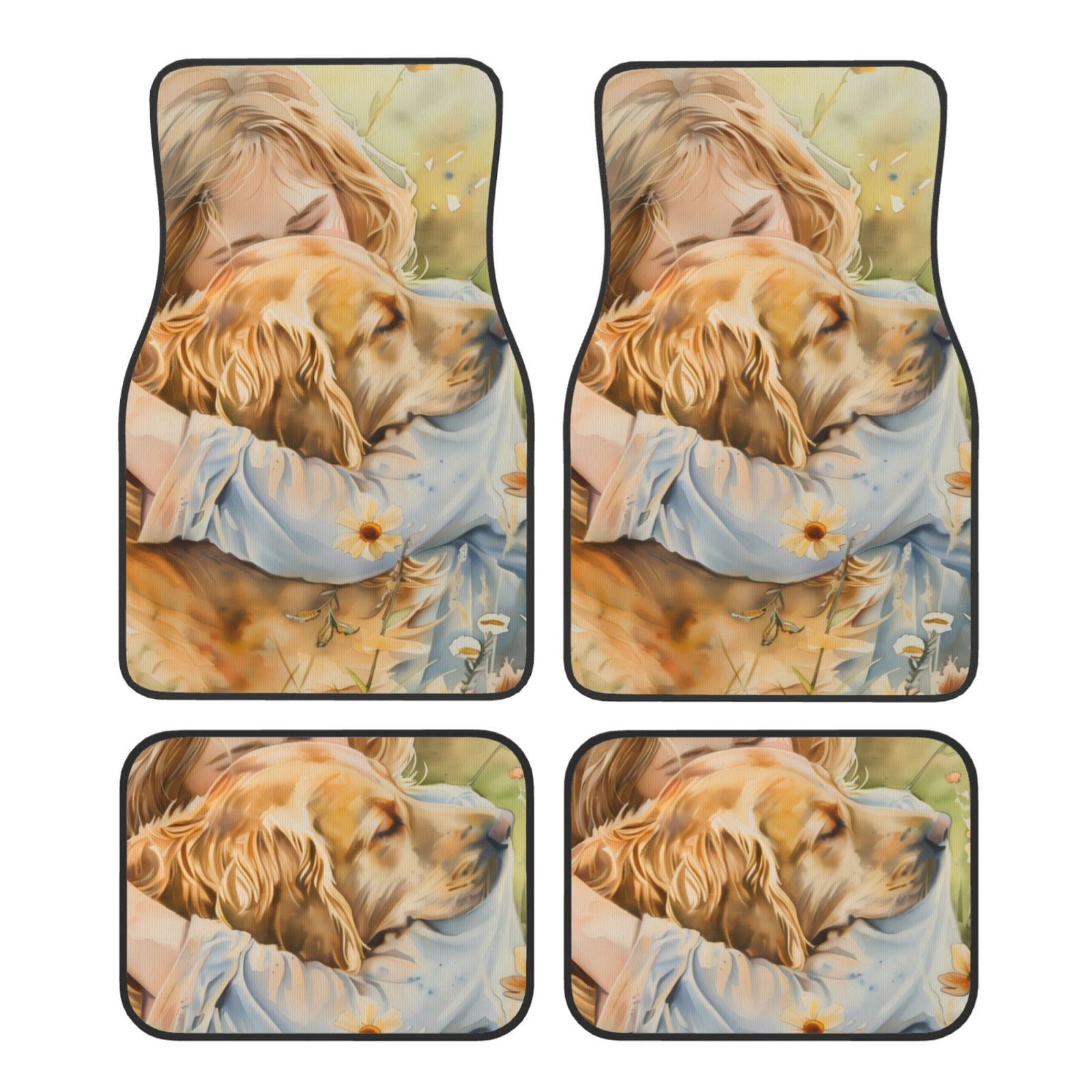 Pofeuu Girl Hugging Dog Flowers Print Car Foot Mat Set of 4 Pieces ...