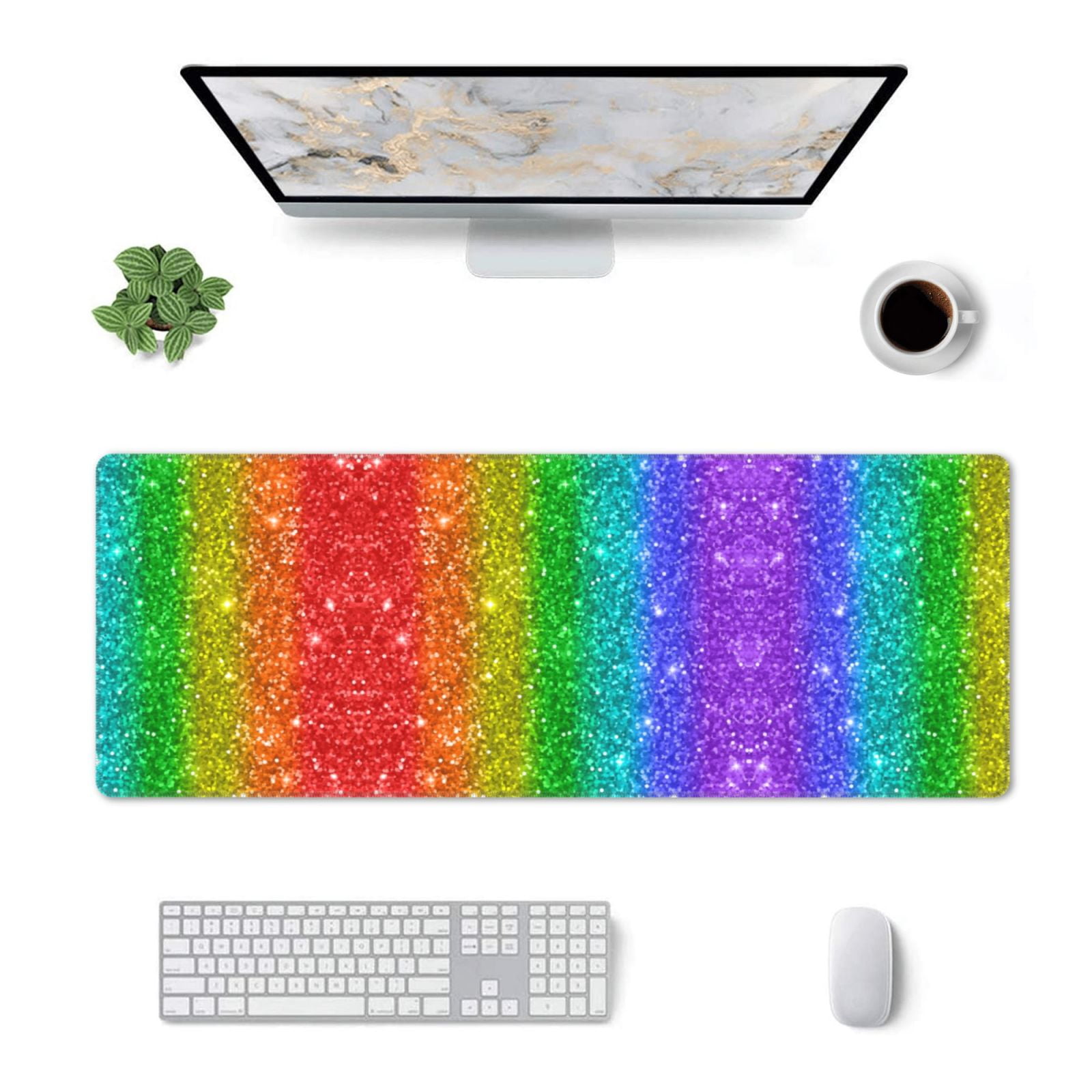Pofeuu Glitter Rainbow Print Desk Mat for Keyboard and Mouse，Computer ...