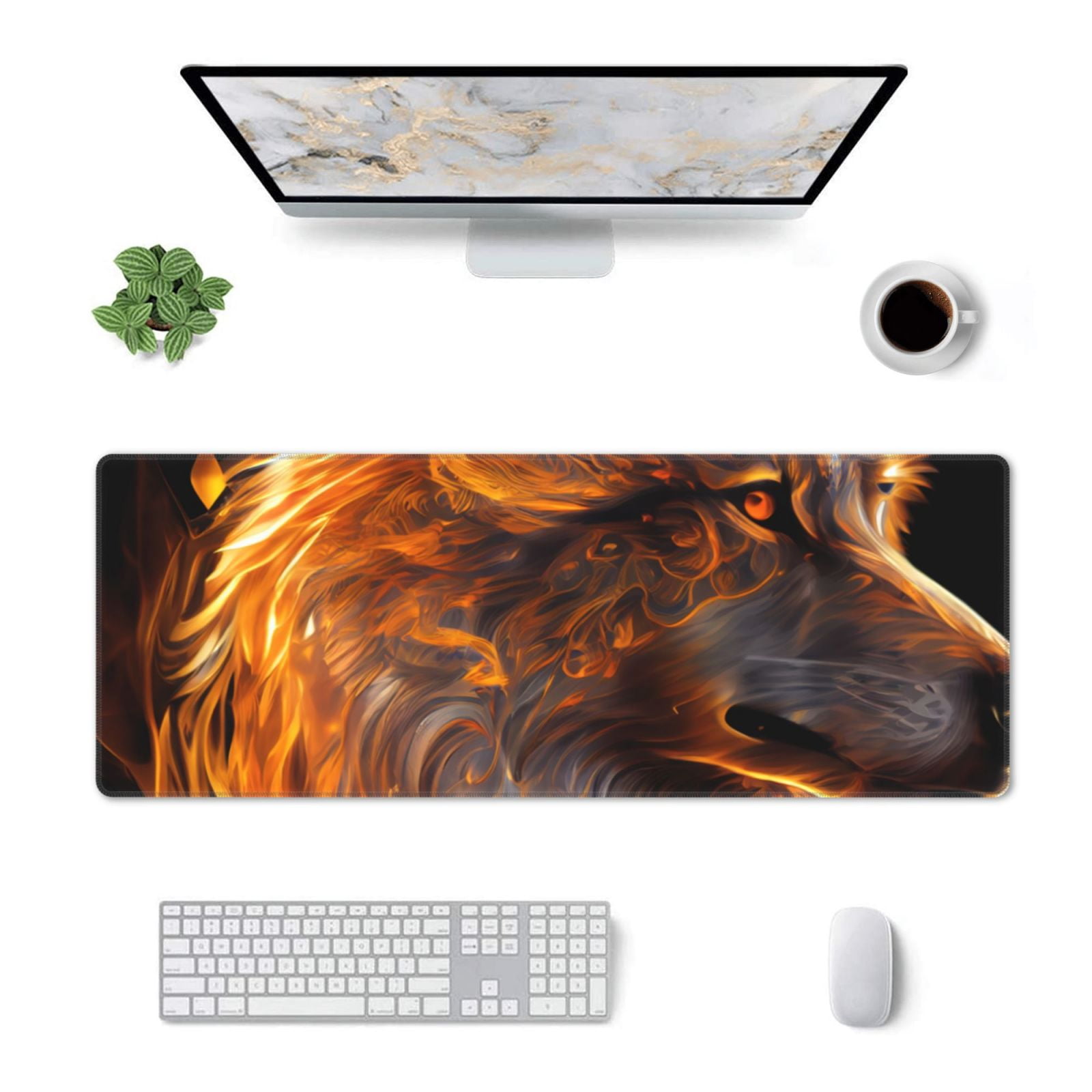 Pofeuu Gold Flame Pattern Wolf Print Desk Mat for Keyboard and Mouse ...