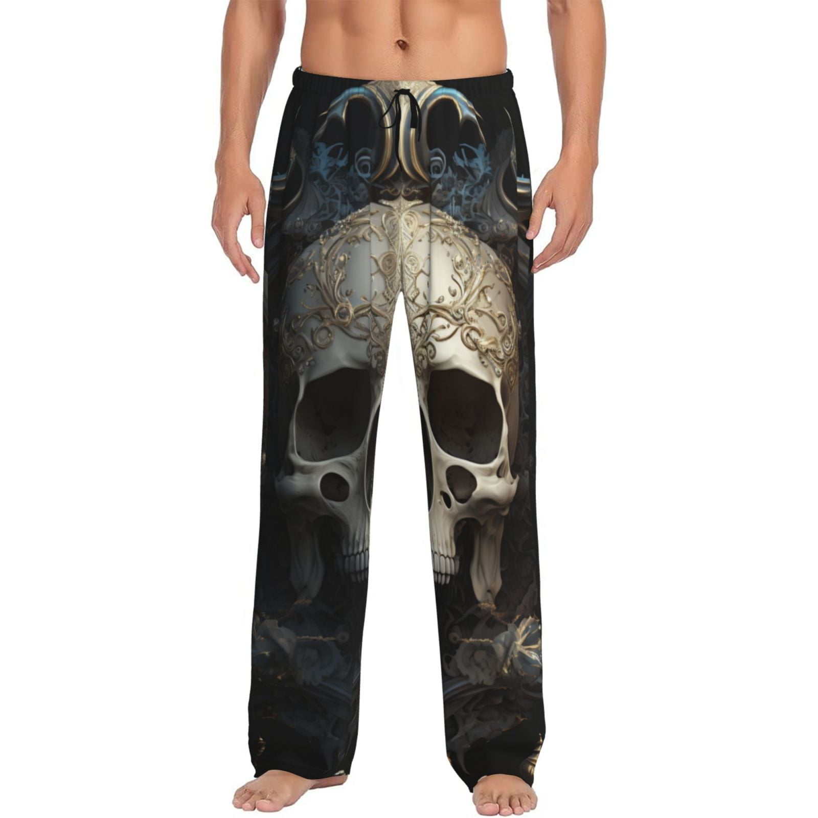 Pofeuu Gold Pattern Skull Print Men's Pajama Pants, Soft Lounge Pajama ...