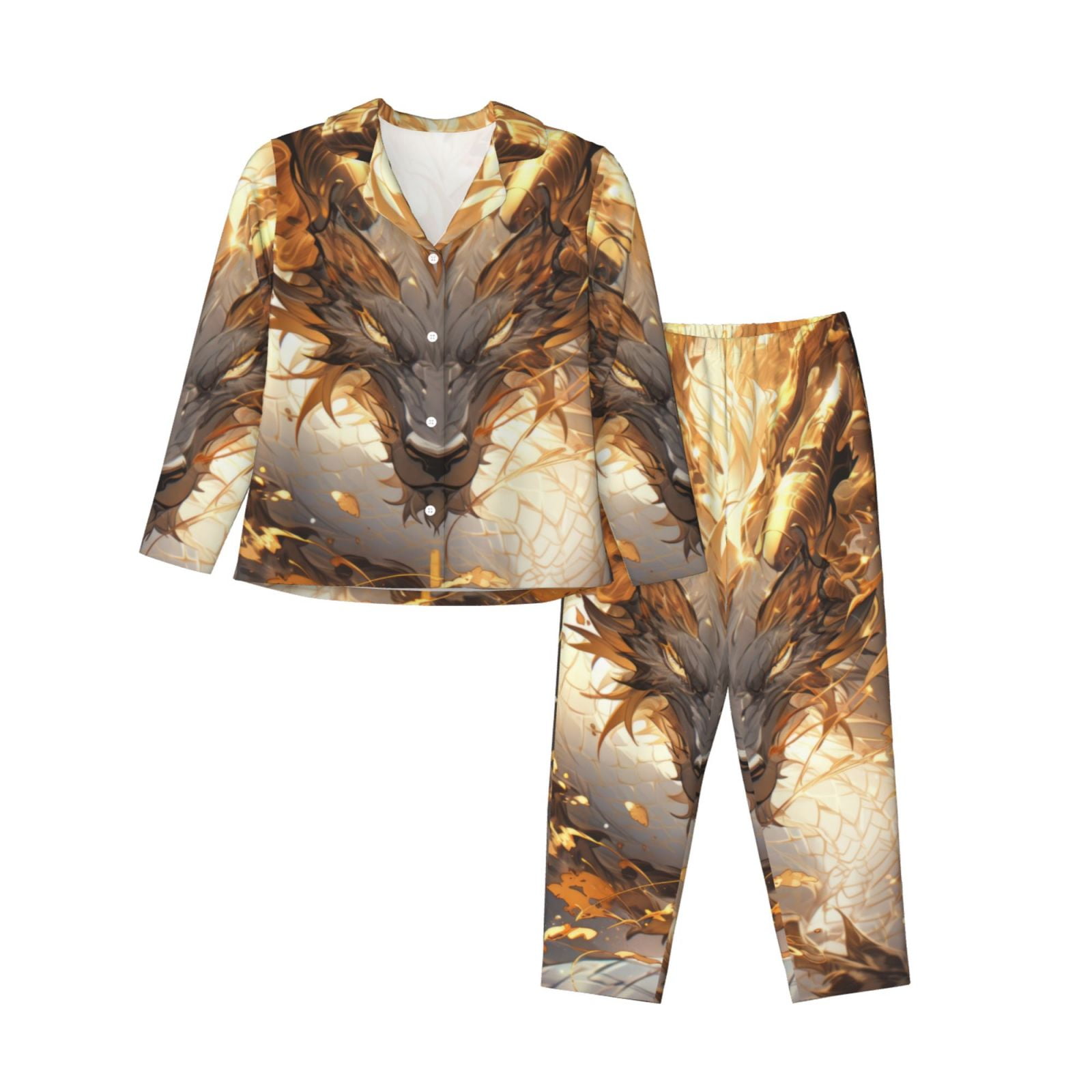 Pofeuu Golden Horned White Dragon Print Womens Pajamas Set Long Sleeve Sleepwear Button Down ...