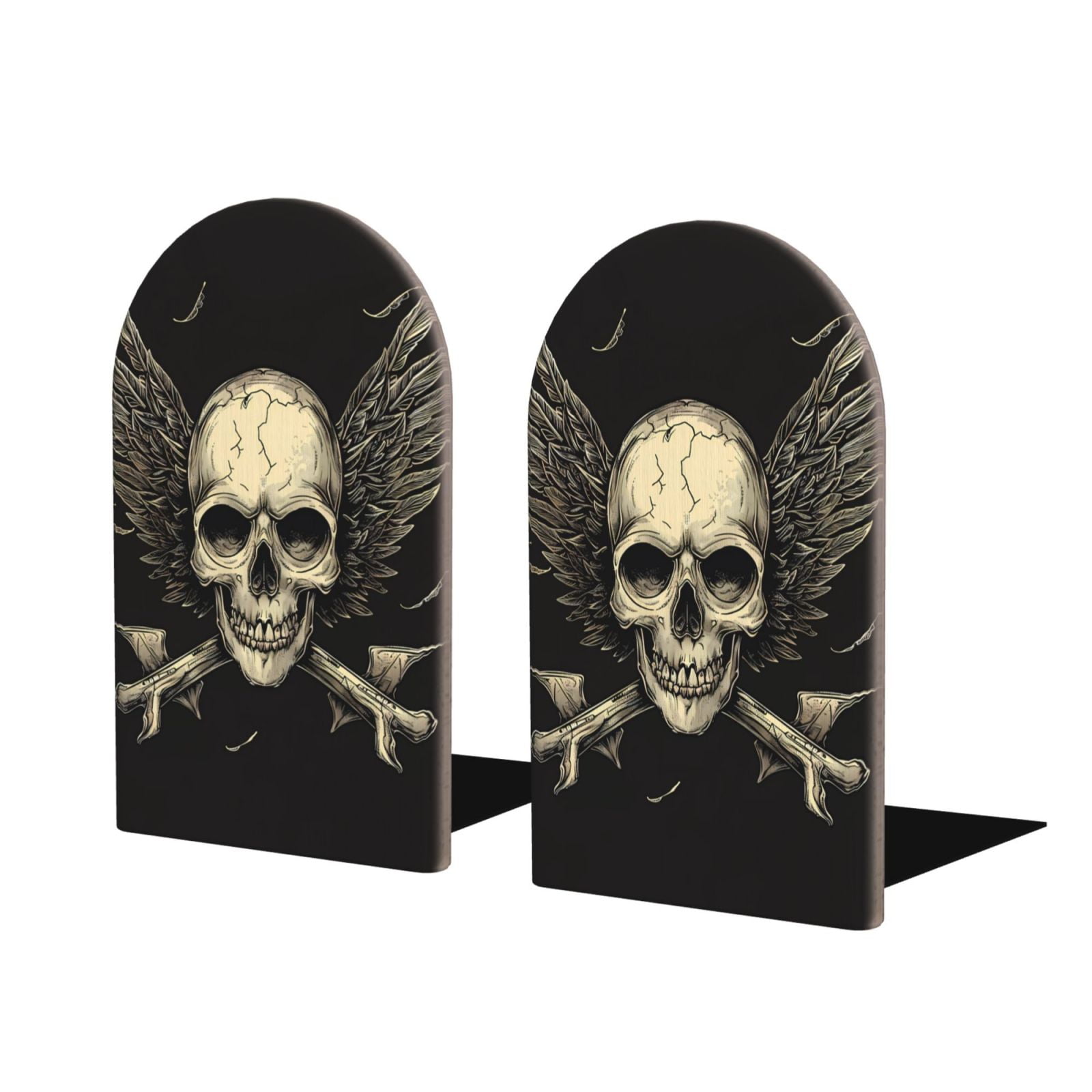 Pofeuu Gothic Winged Skull Print Large Bookend Hold Heavy Books- Wood ...