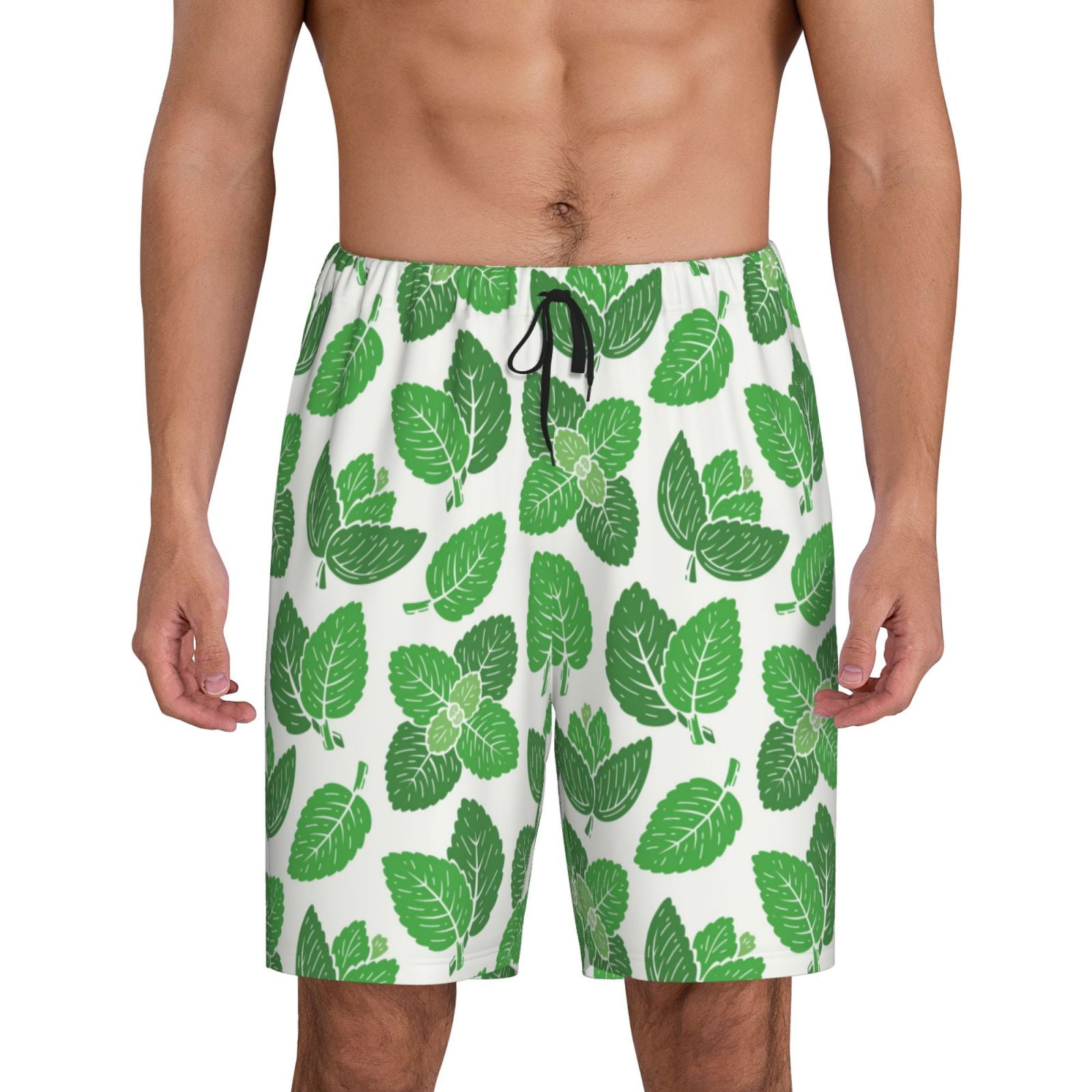 Pofeuu Green Leaves Print Men's Soft Woven Elastic Waistband Sleep ...