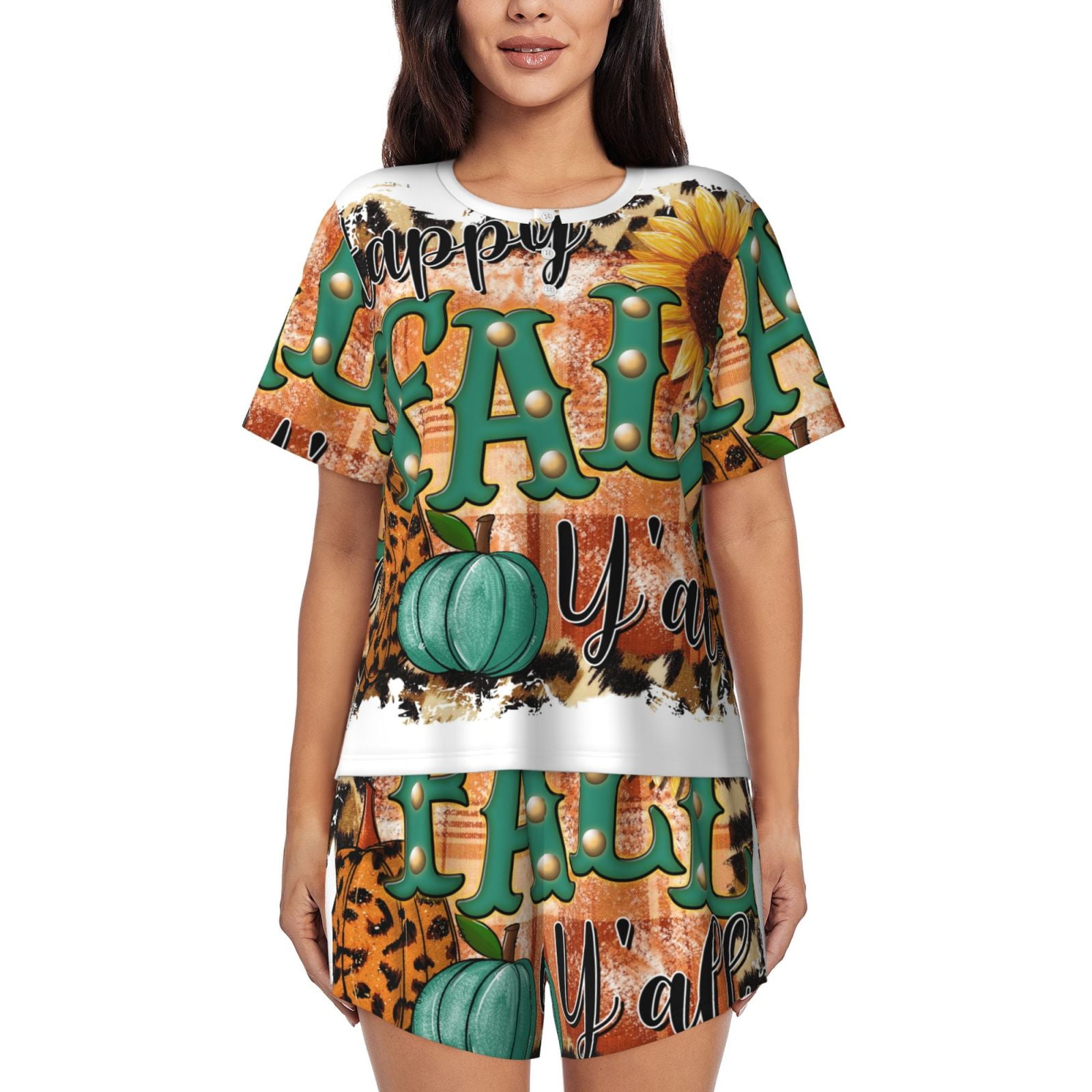 Pofeuu Happy Fall Y'All Print Women's Pajama Set Short/Shorts Soft ...