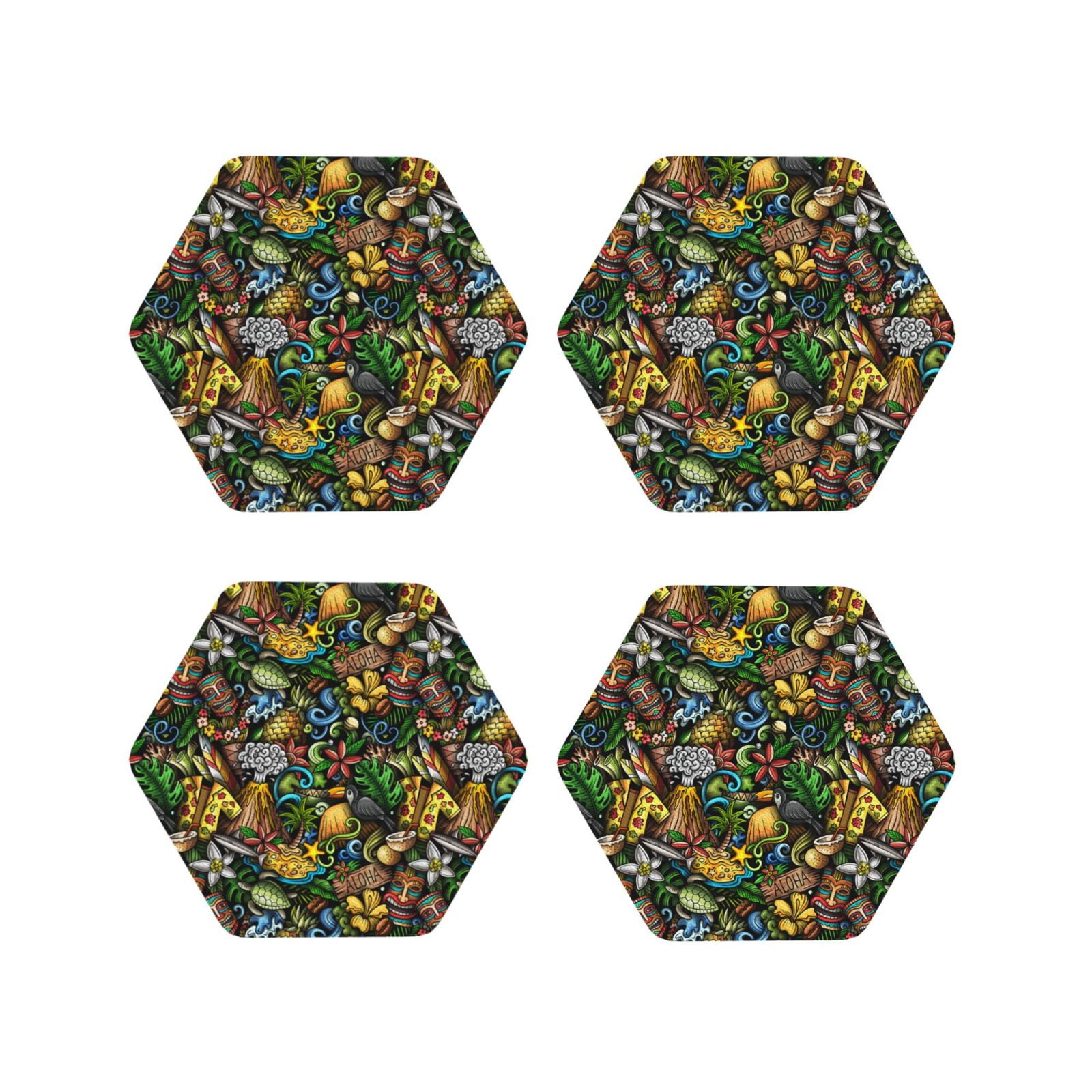 Pofeuu Hawaiian Culture Symbols Print Coasters for Drinks, 4Pack PU ...