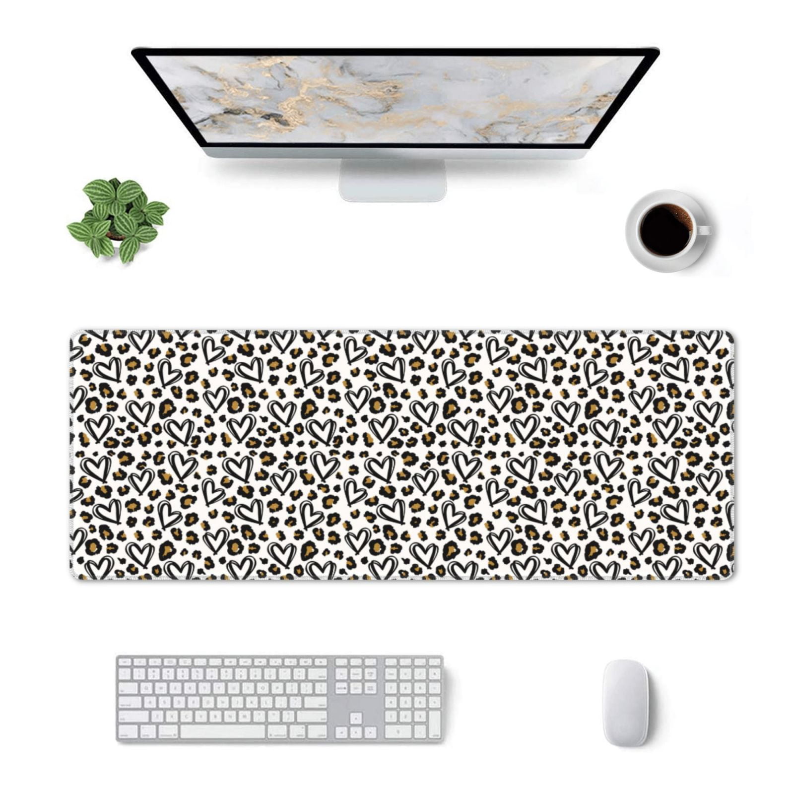 Pofeuu Heart Leopard Print Desk Mat for Keyboard and Mouse，Computer Desk Matt for Desktop，Large ...