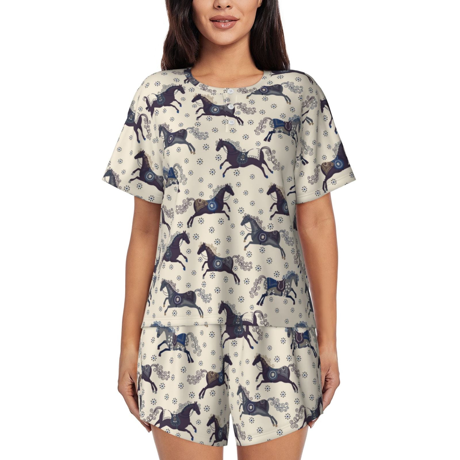 Pofeuu Horse Print Women's Pajama Set Short/Shorts Soft Button PJs ...
