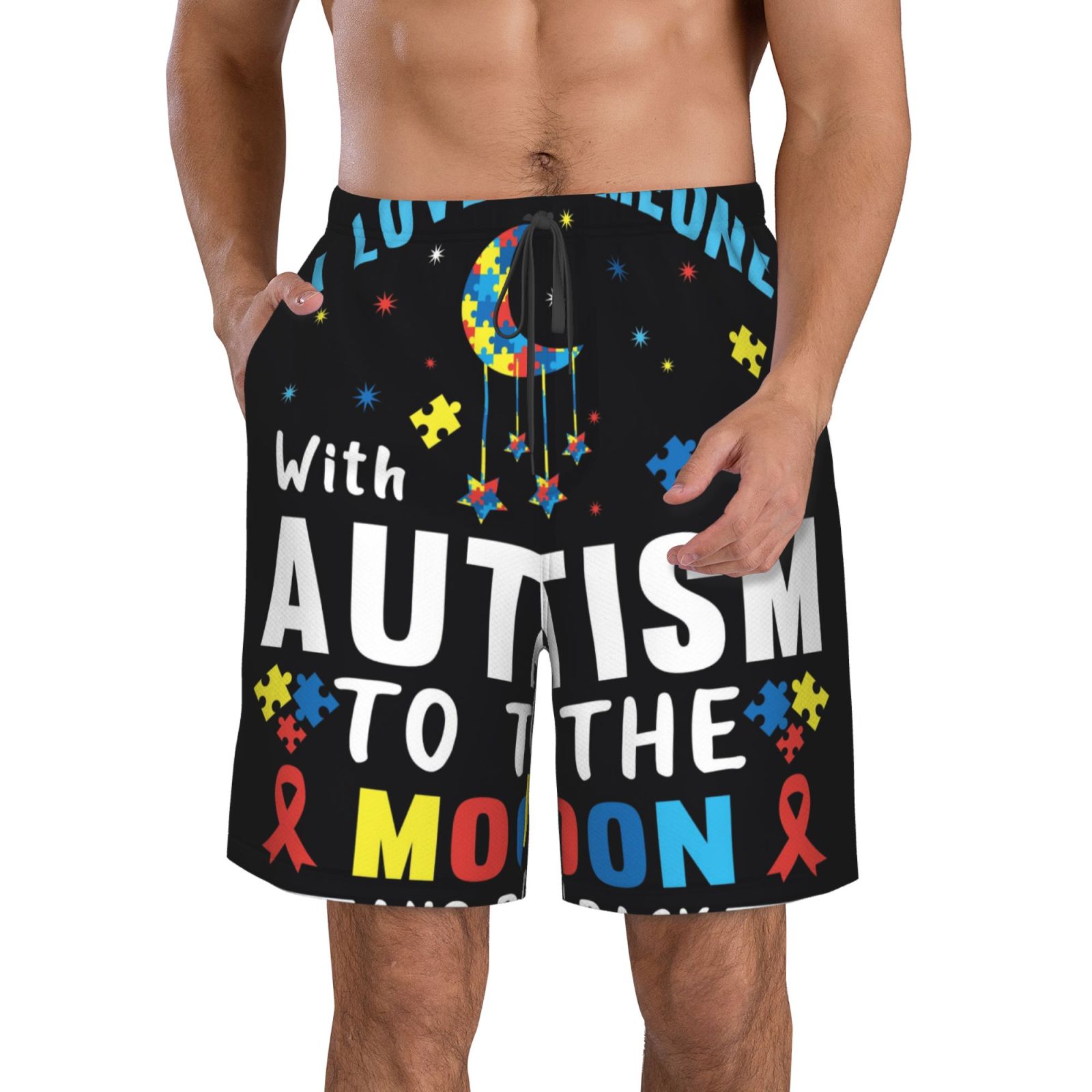 Pofeuu I Love With Autism To The Moon And Back Prin Men's Swim Trunks ...