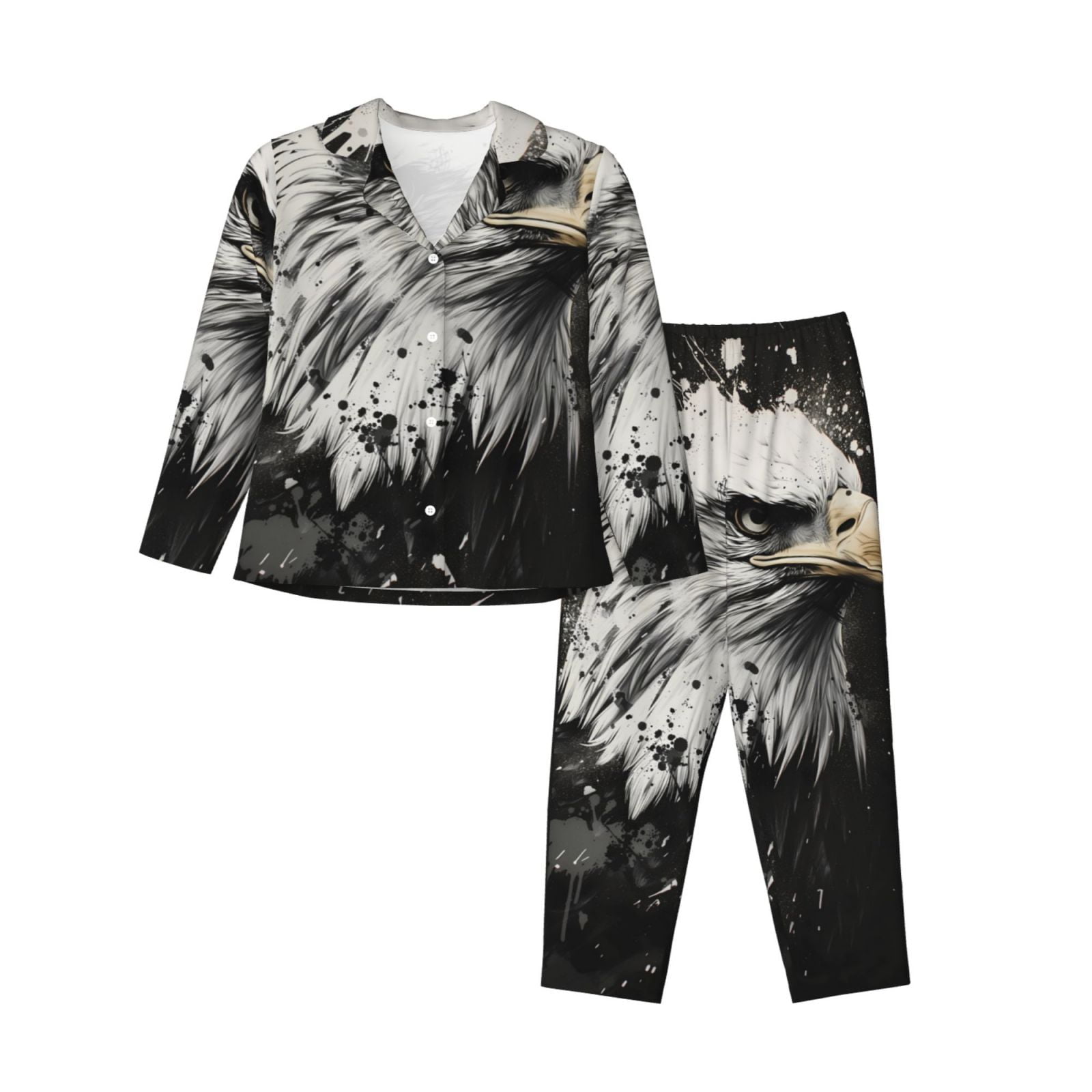 Pofeuu Ink Style Bald Eagle Print Womens Pajamas Set Long Sleeve ...