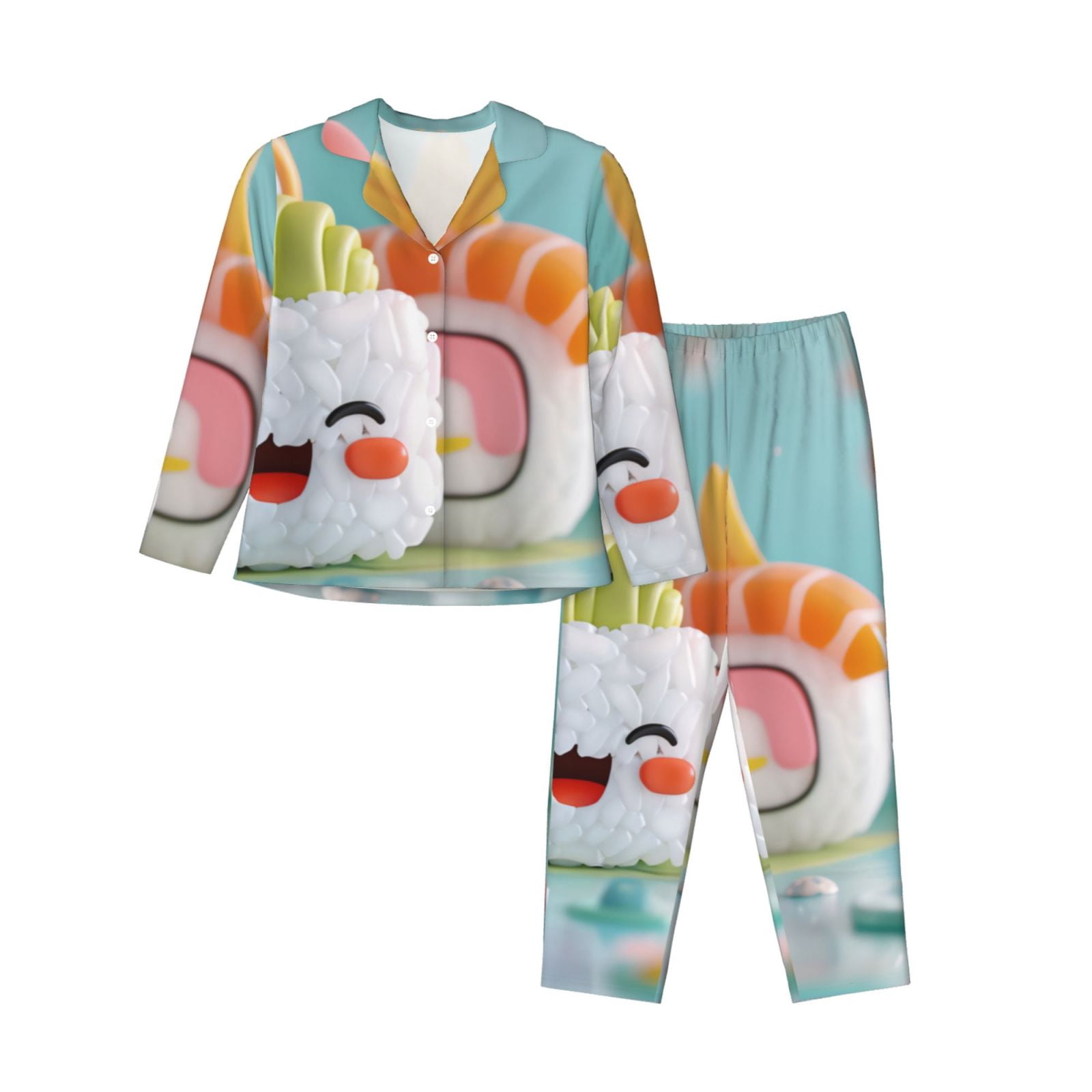 Pofeuu Kawaii Sushi Characters Delight Print Womens Pajamas Set Long ...