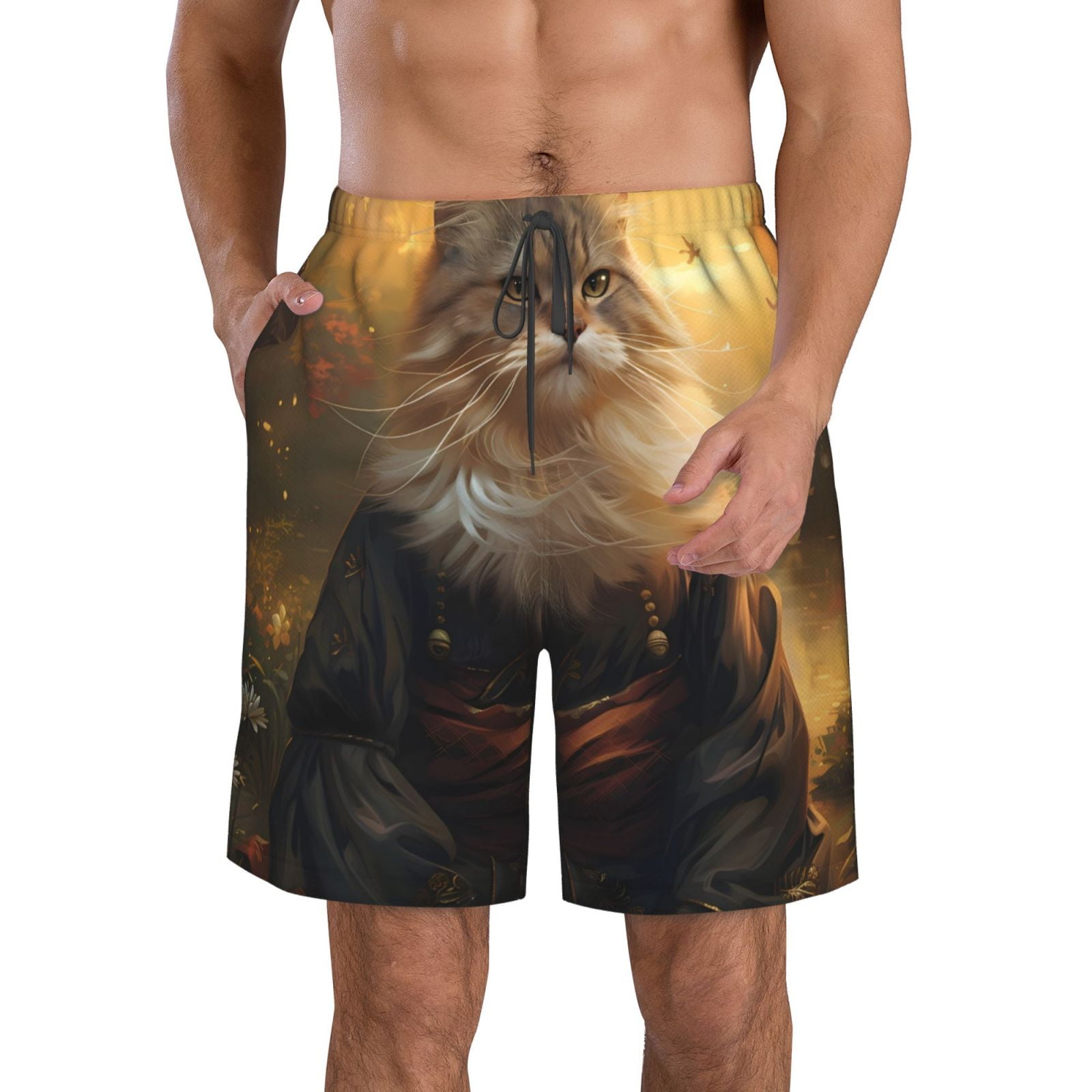 Pofeuu Lakeside Flower Field Cat Prin Men's Swim Trunks Quick Dry ...