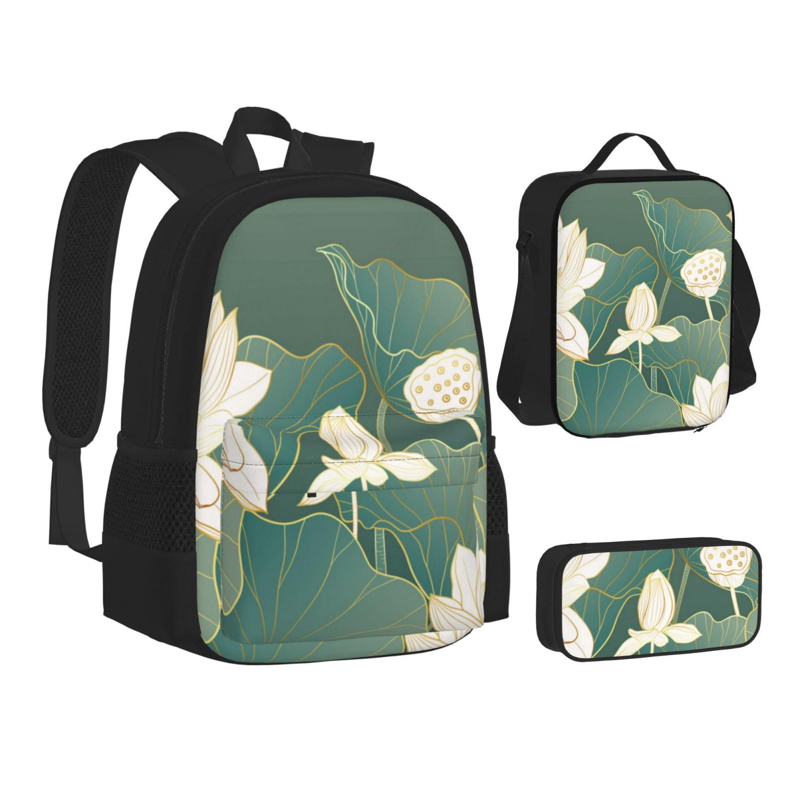 Pofeuu Lotus Golden Line Print Backpack Travel Backpacks With Lunch Bag Pencil Bag Set 3 pcs Set ...