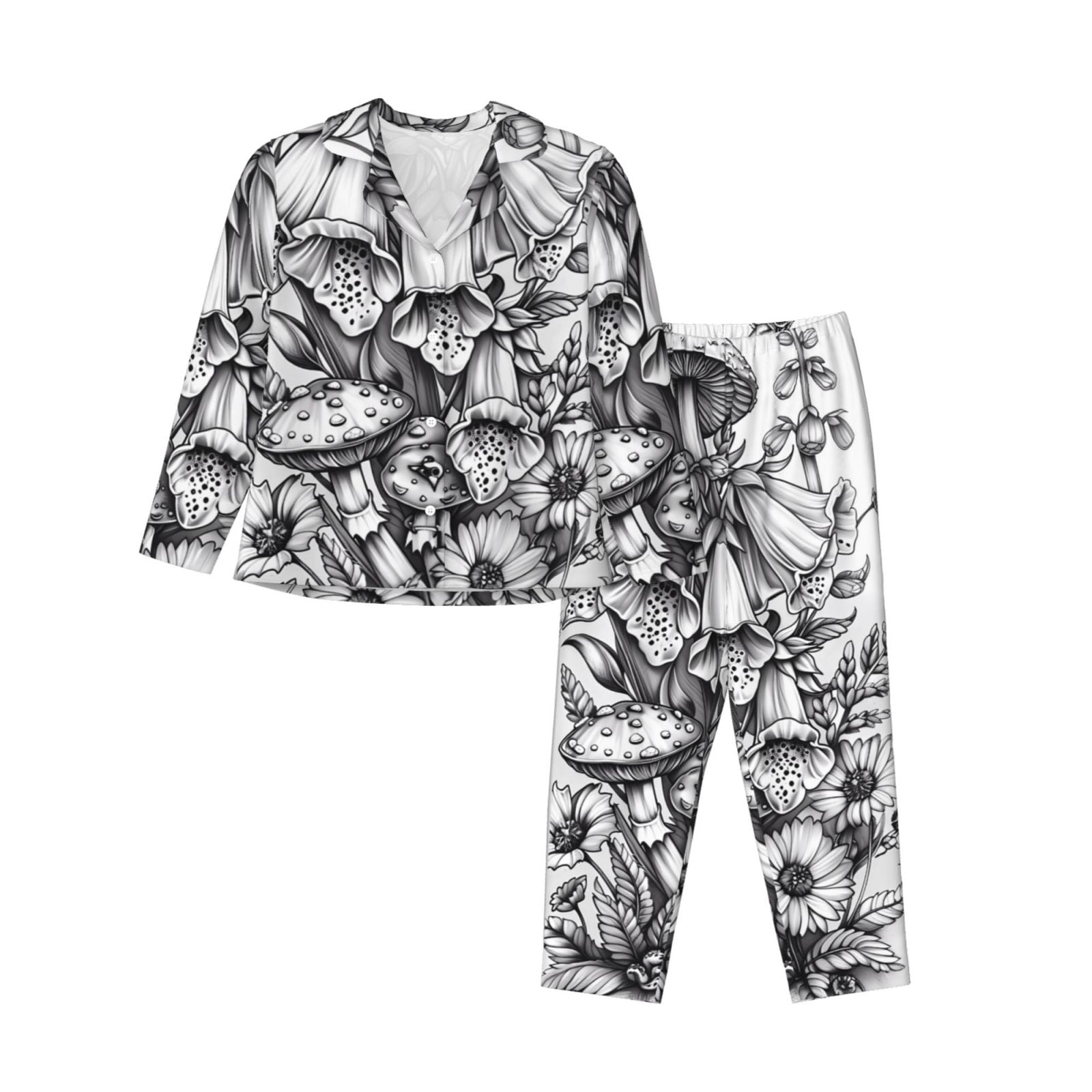 Pofeuu Monochrome Botanical Illustration Print Womens Pajamas Set Long ...
