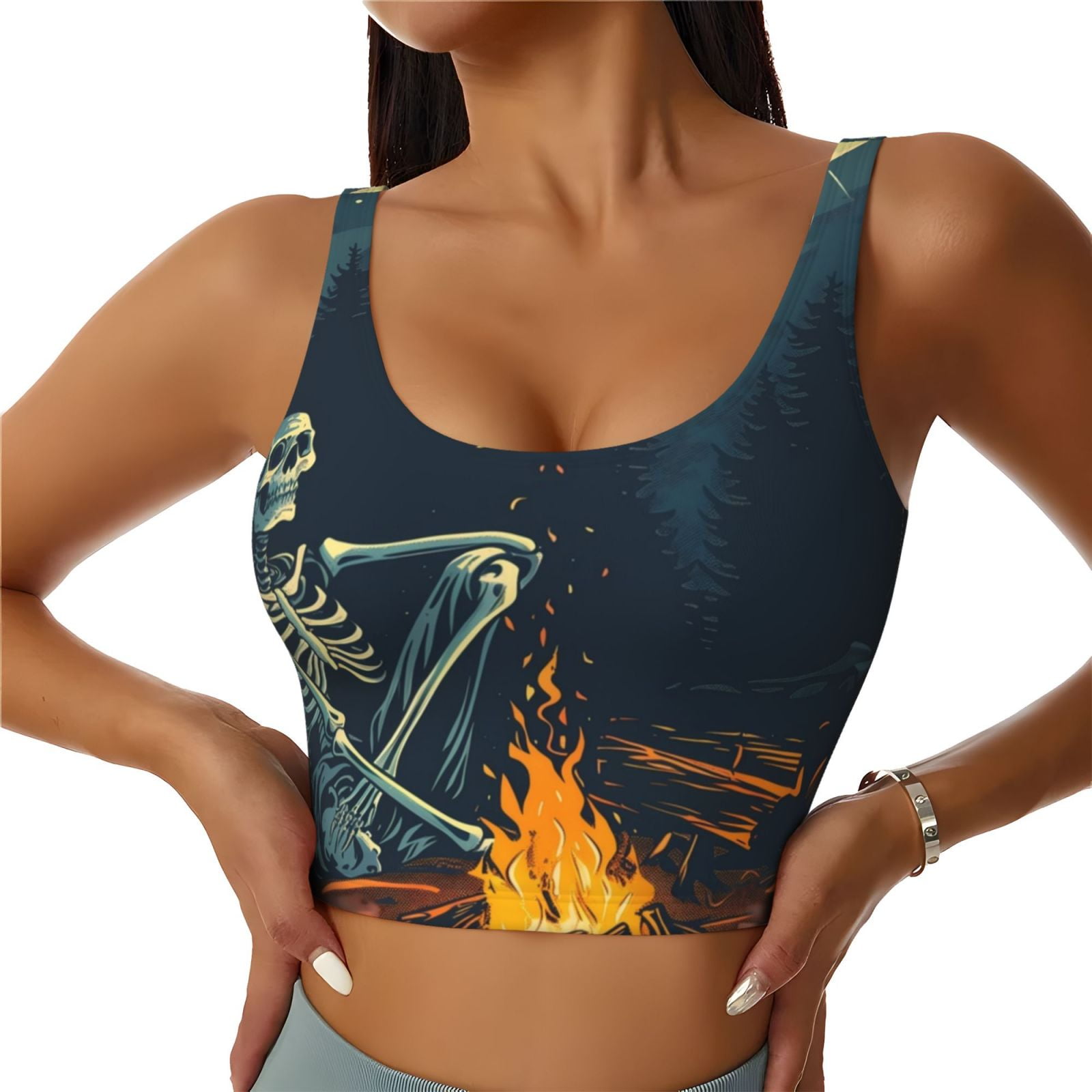 Pofeuu Moonlit Skeleton Campfire Print Sports Bra for Women Sexy Vest Yoga Running Gym Fitness ...