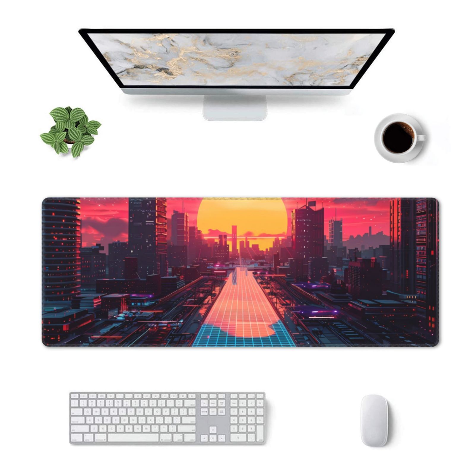 Pofeuu Neon Sunset Cyberpunk Cityscape Print Desk Mat for Keyboard and ...