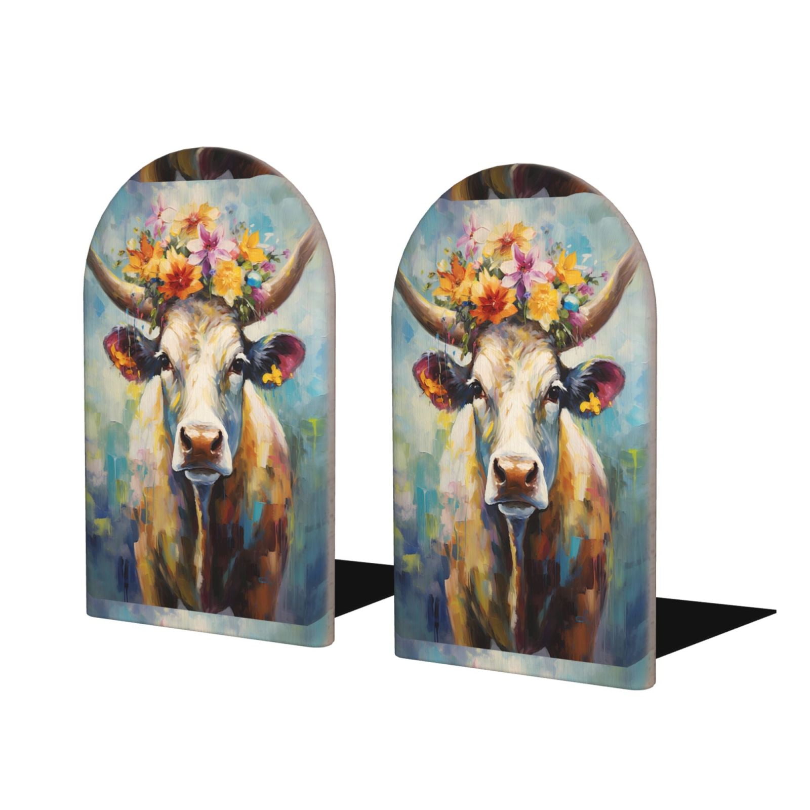 Pofeuu Oil Painting Flower Cow Print Large Bookend Hold Heavy Books ...