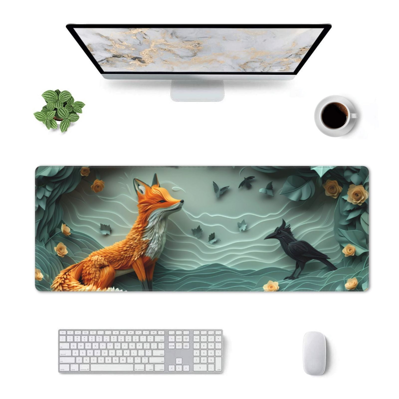Pofeuu Paper Fox Crow Fantasy Print Desk Mat for Keyboard and Mouse ...