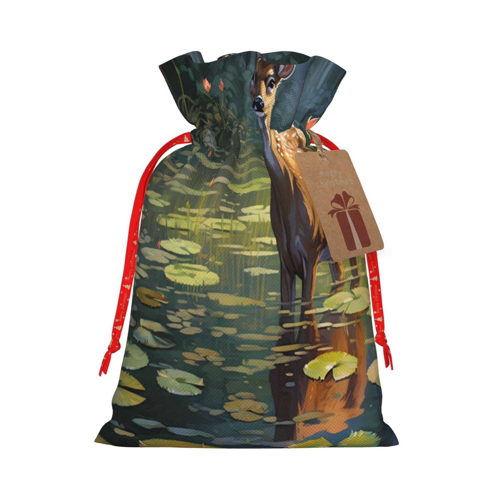 Pofeuu Peaceful Deer Lily Pond Print Burlap Bags with Drawstrings ...