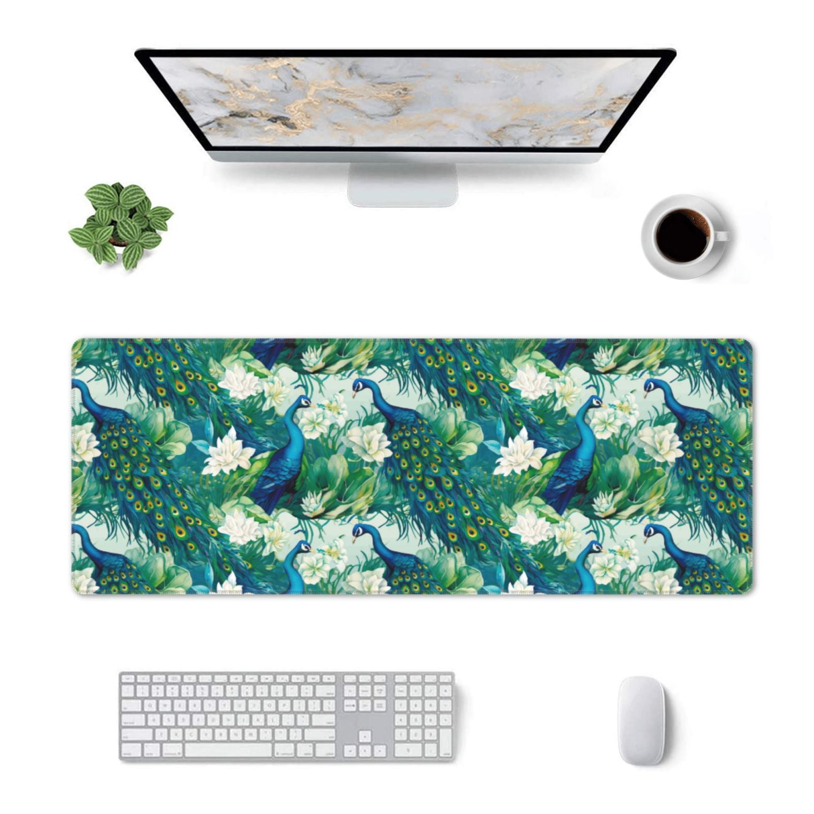 Pofeuu Peacock And Flowers Print Desk Mat for Keyboard and Mouse ...