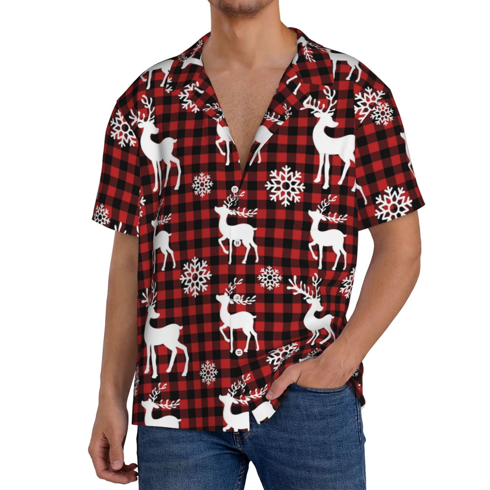 Pofeuu Plaid Reindeer Snowflakes Print Mens Casual Short Sleeve Shirts ...