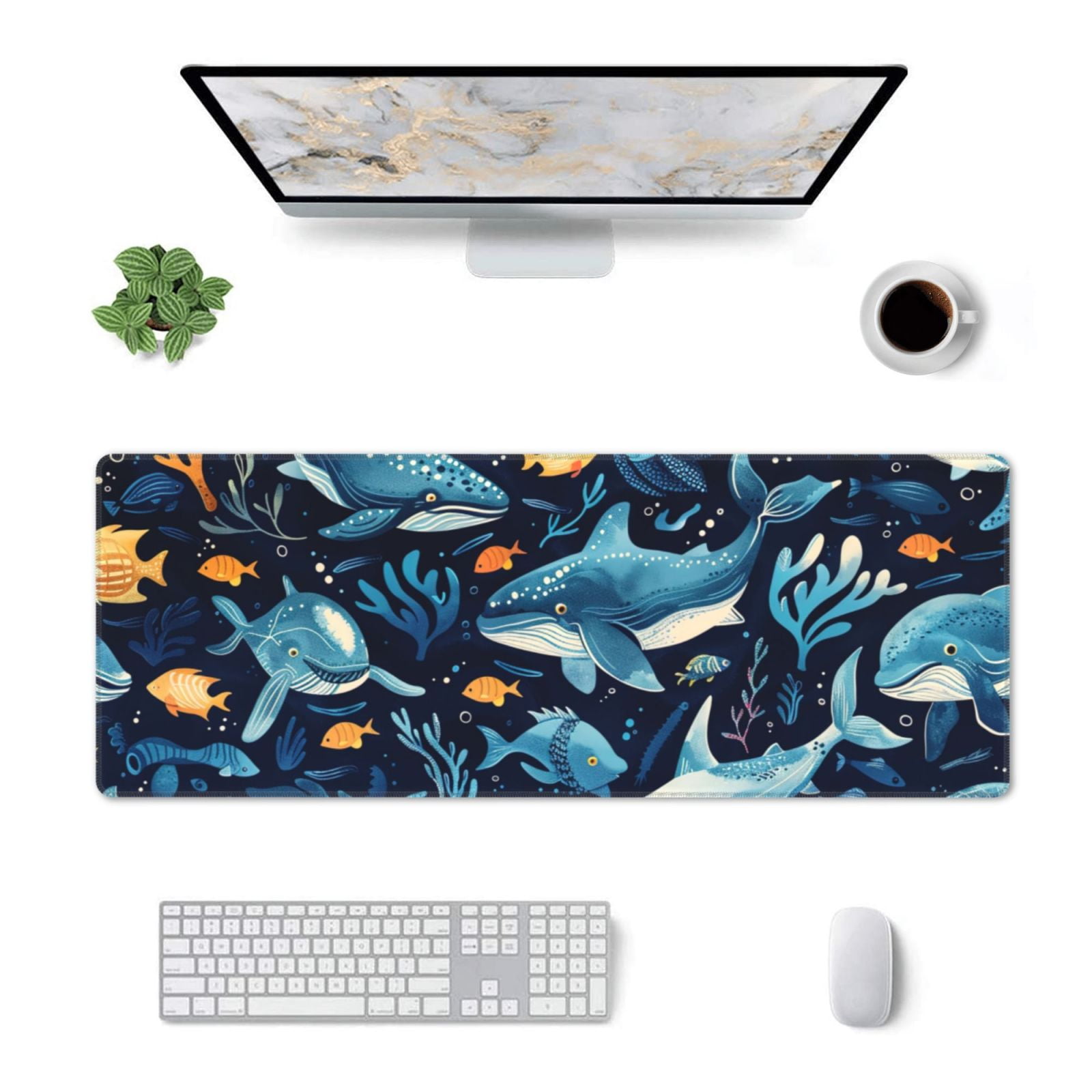 Pofeuu Playful Whales Underwater Scene Print Desk Mat for Keyboard and ...