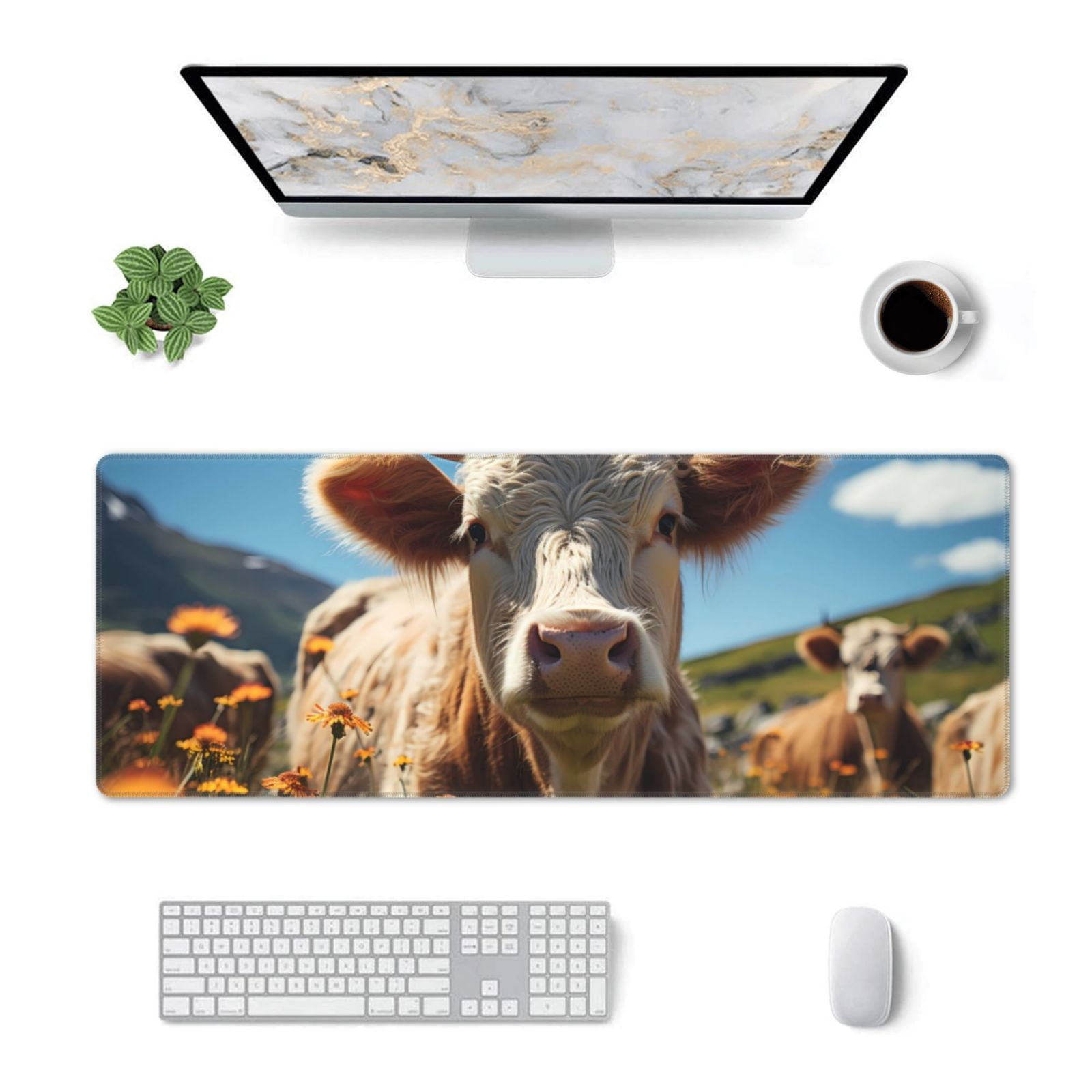 Pofeuu Prairie Flower Cow Print Desk Mat for Keyboard and Mouse ...