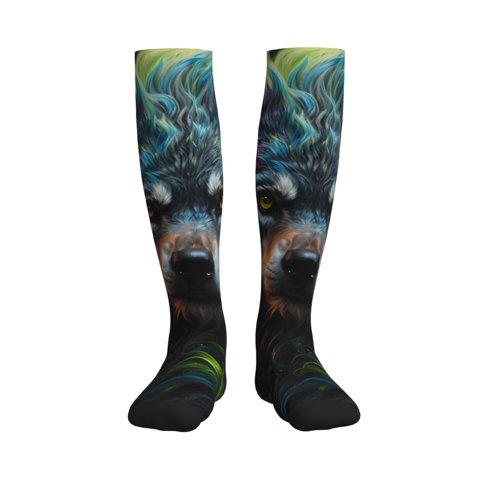 Pofeuu Realistic Style Green Fur Wolf Print Compression Socks for Women ...