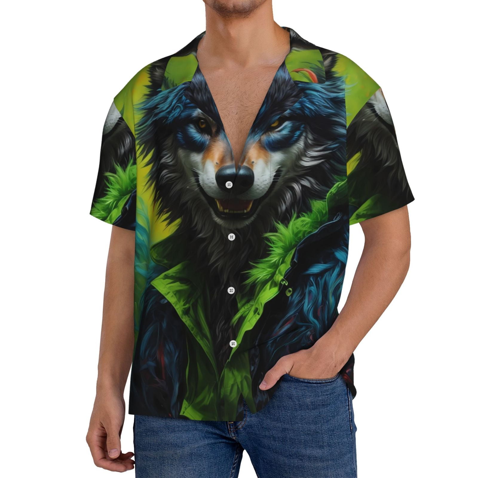 Pofeuu Realistic Style Wolf Warrior Print Mens Casual Short Sleeve ...
