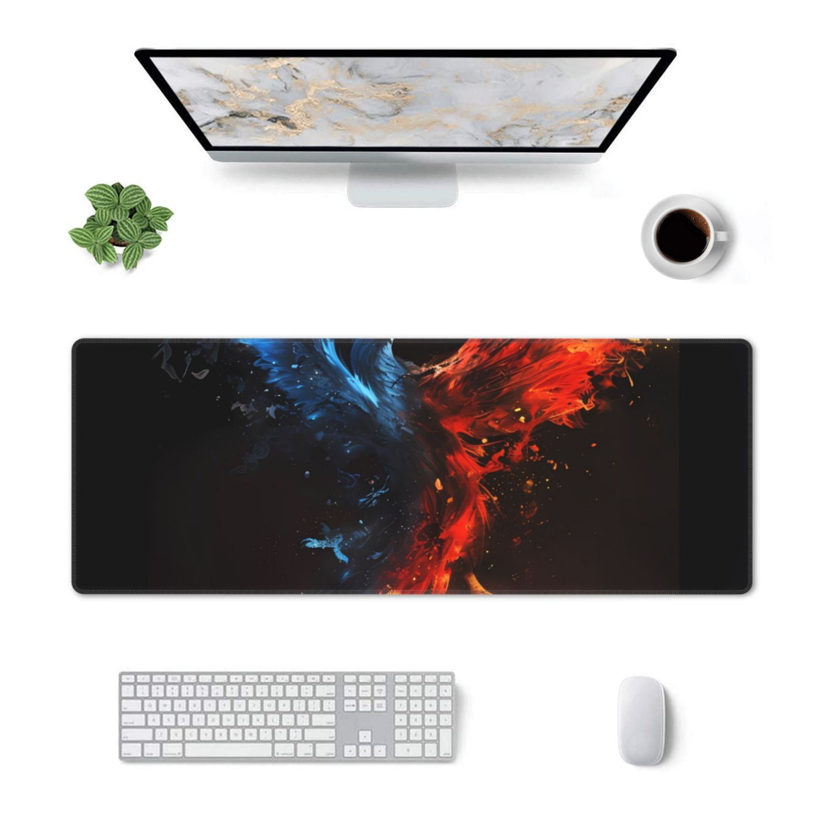 Pofeuu Red And Blue Fire Bird Print Desk Mat for Keyboard and Mouse ...