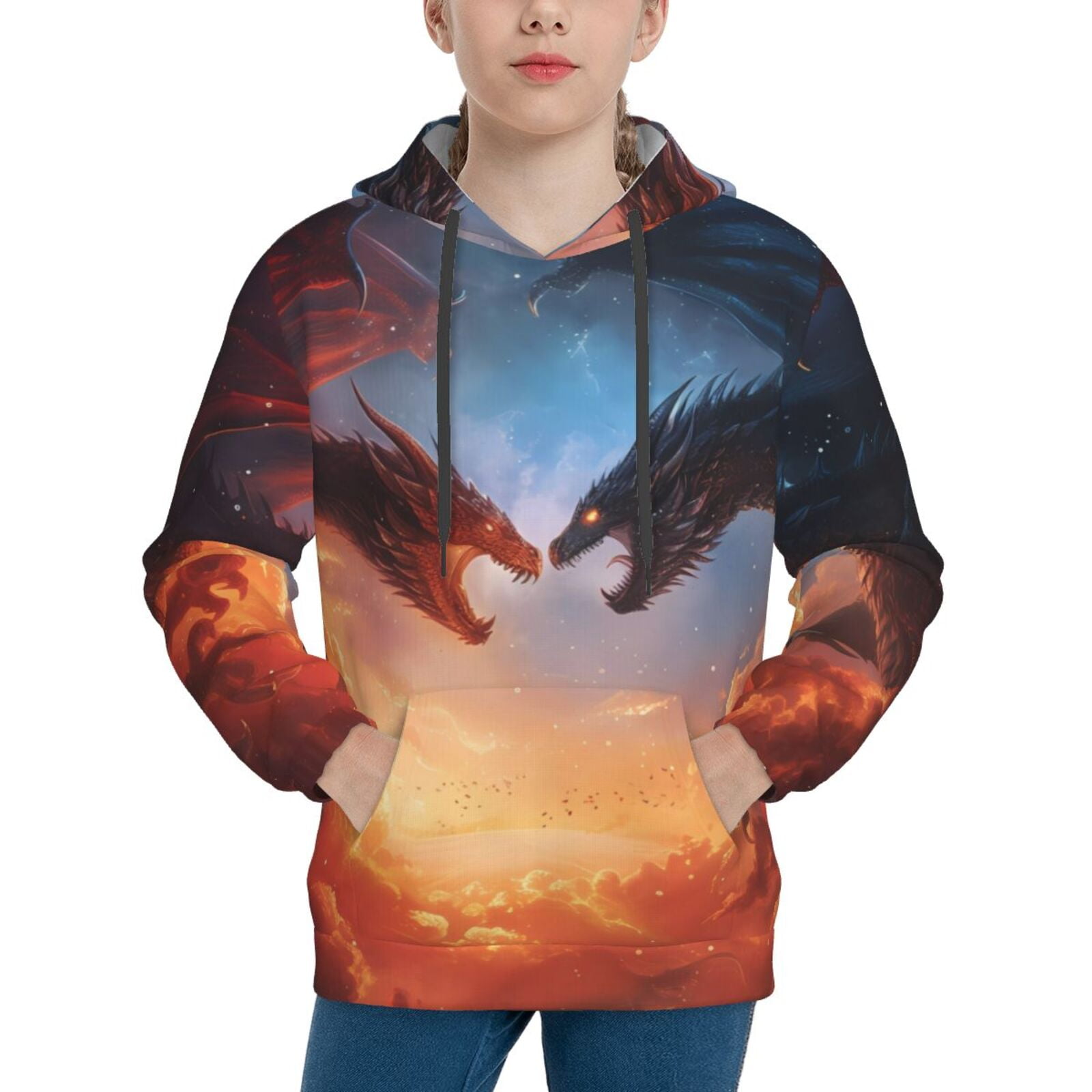 Pofeuu Red And Blue Fire Cloud Dragon Print Kids Pullover Hoodies Warm ...