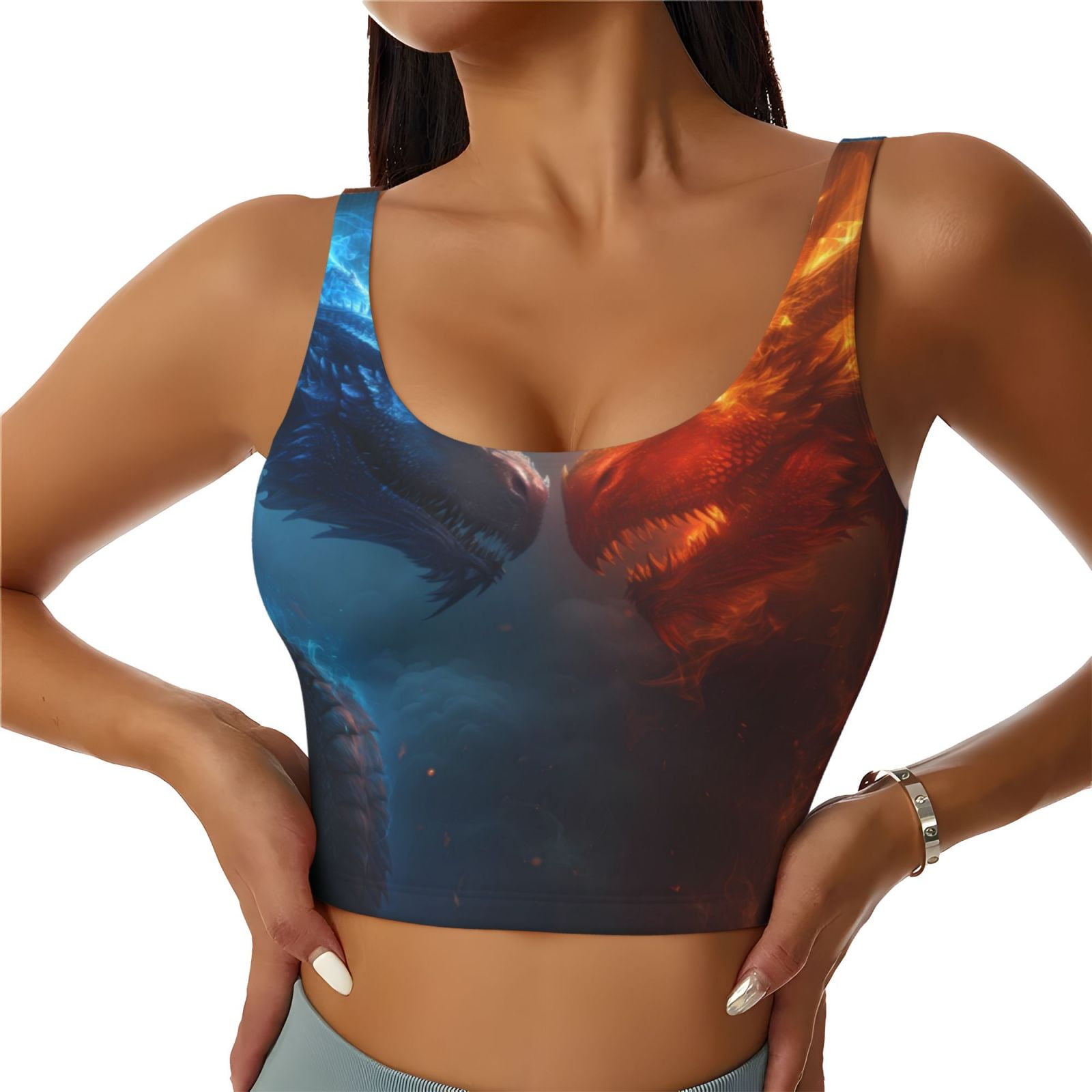 Pofeuu Red And Blue Fire Dragon E Print Sports Bra for Women Sexy Vest Yoga Running Gym Fitness ...