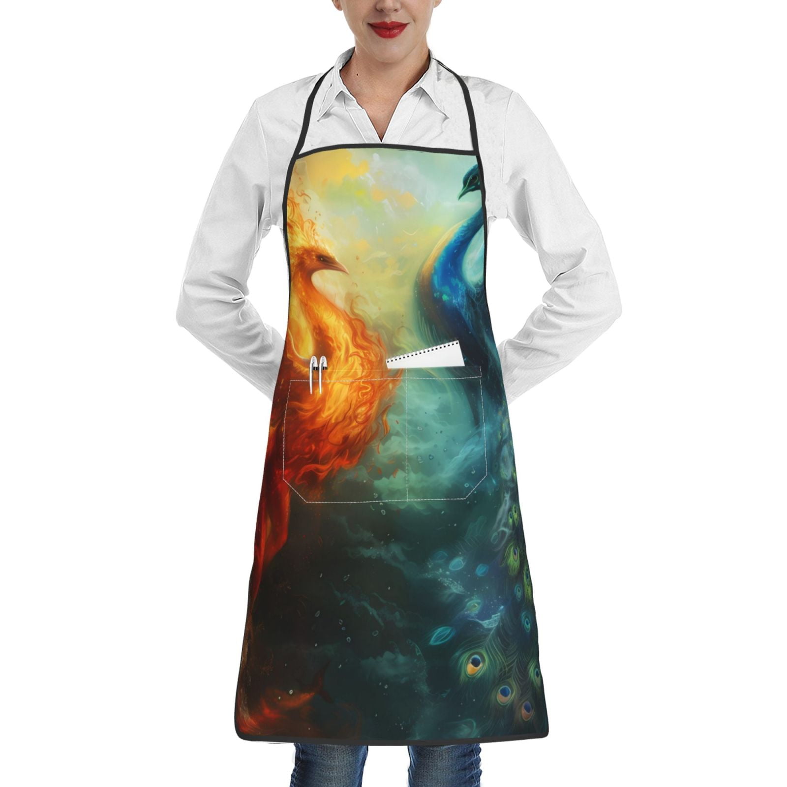 Pofeuu Red And Blue Fire Peacock Print Aprons with Pockets, Cute Aprons ...