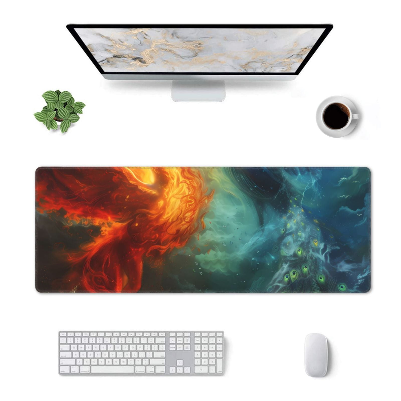 Pofeuu Red And Blue Fire Peacock Print Desk Mat for Keyboard and Mouse ...