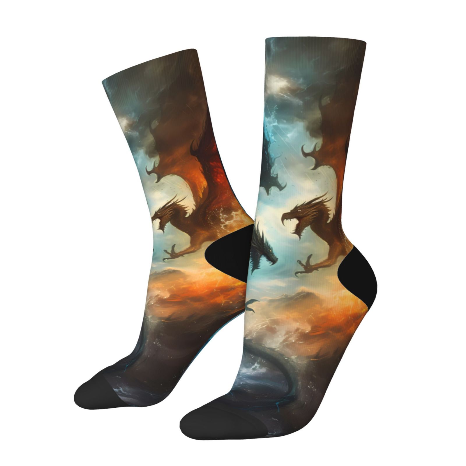 Pofeuu Red And Blue Flame Wave Dragon Print Crew Socks, Adult Running ...