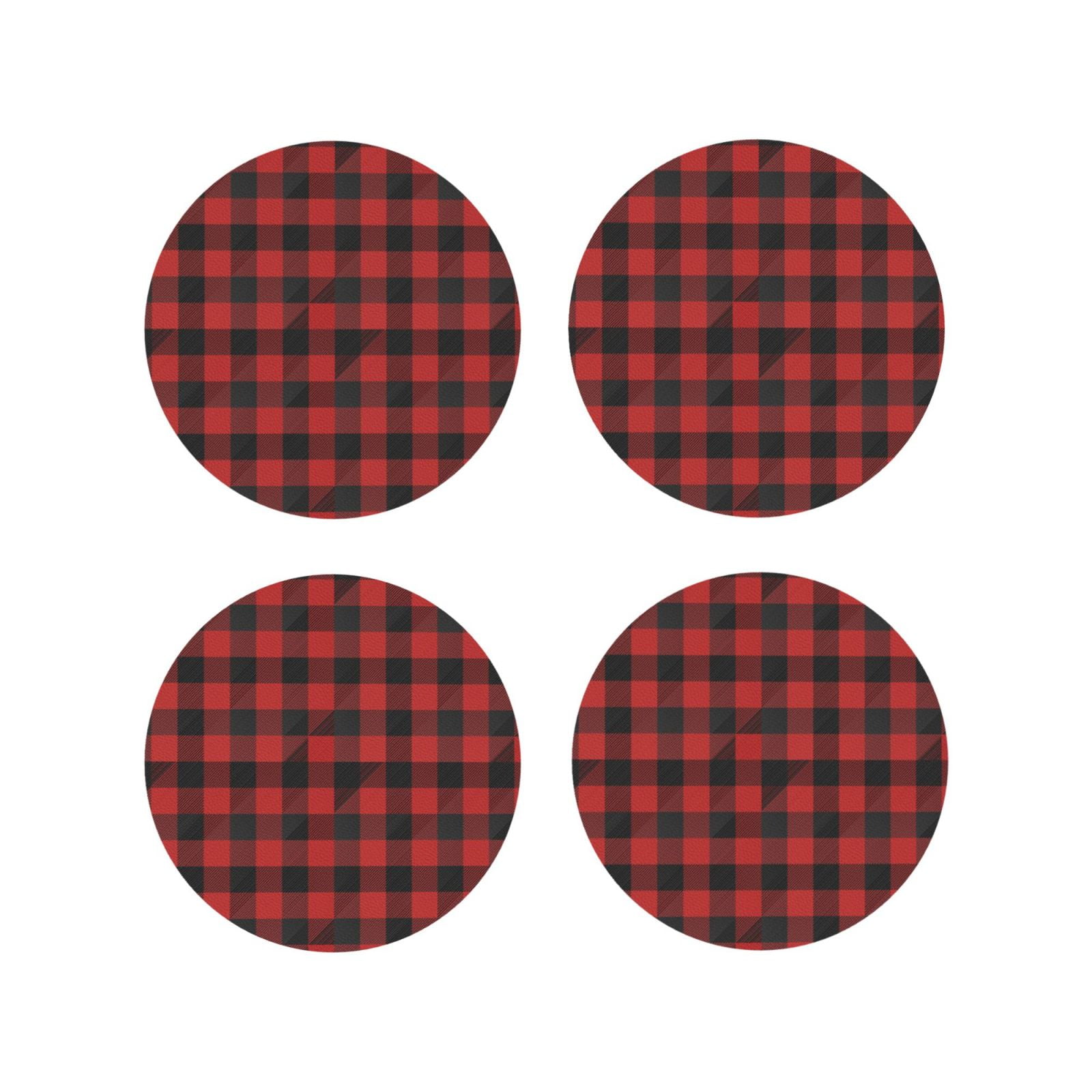 Pofeuu Red Black Plaid Print Coasters for Drinks, 4Pack PU Leather ...