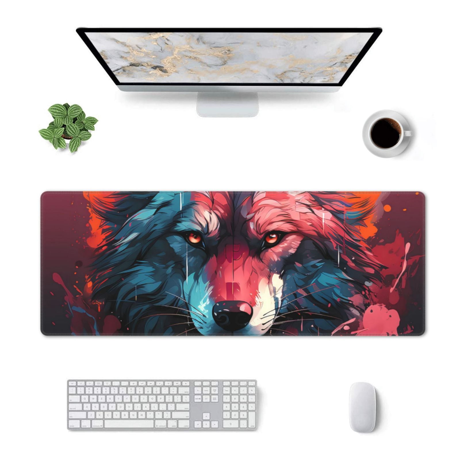 Pofeuu Red Flame Wolf Head Print Desk Mat for Keyboard and Mouse ...