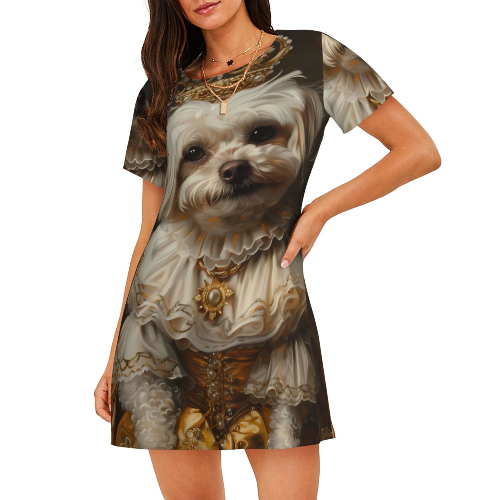 Pofeuu Regal Dog In Royal Attire Print Women's Loose Fit Short Sleeve Nightgown, Comfortable ...